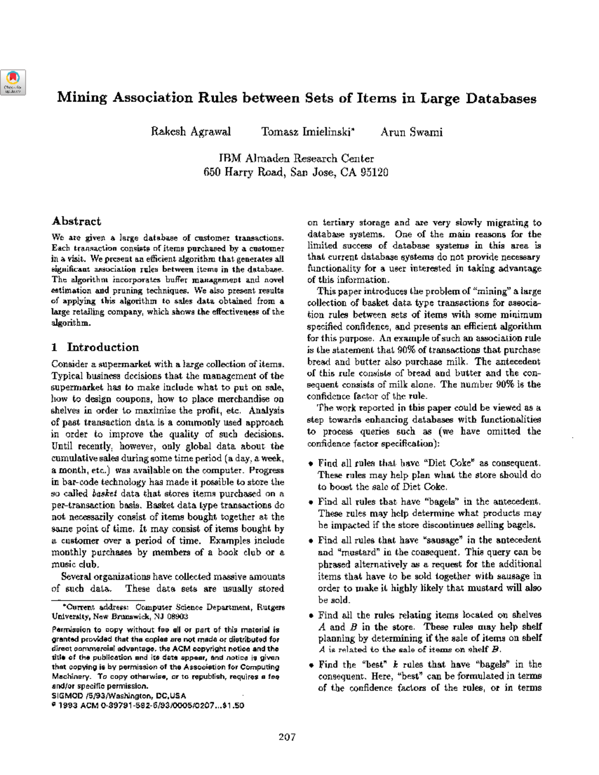 Mining Association Rules Between Sets Of Items In Large Databases Mining Association Rules