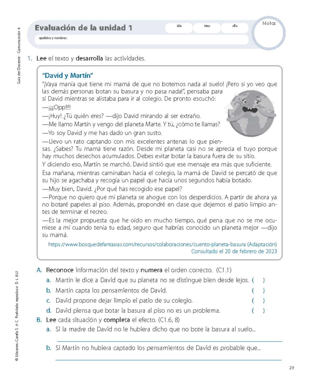 Evaluación Unidad 1 - Fichas para trabajar comprensión lectora - 29 ...