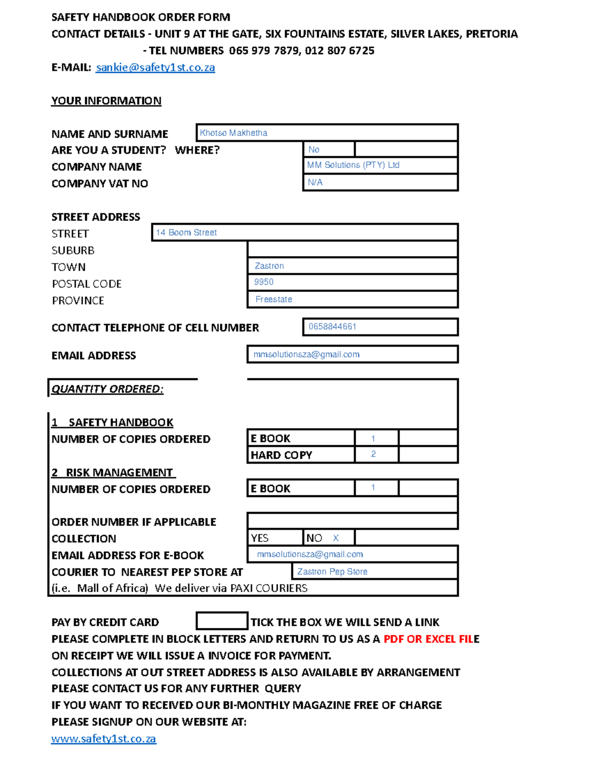 2022 Order FORM Safety Handbook Order FORM - SAFETY HANDBOOK ORDER FORM ...