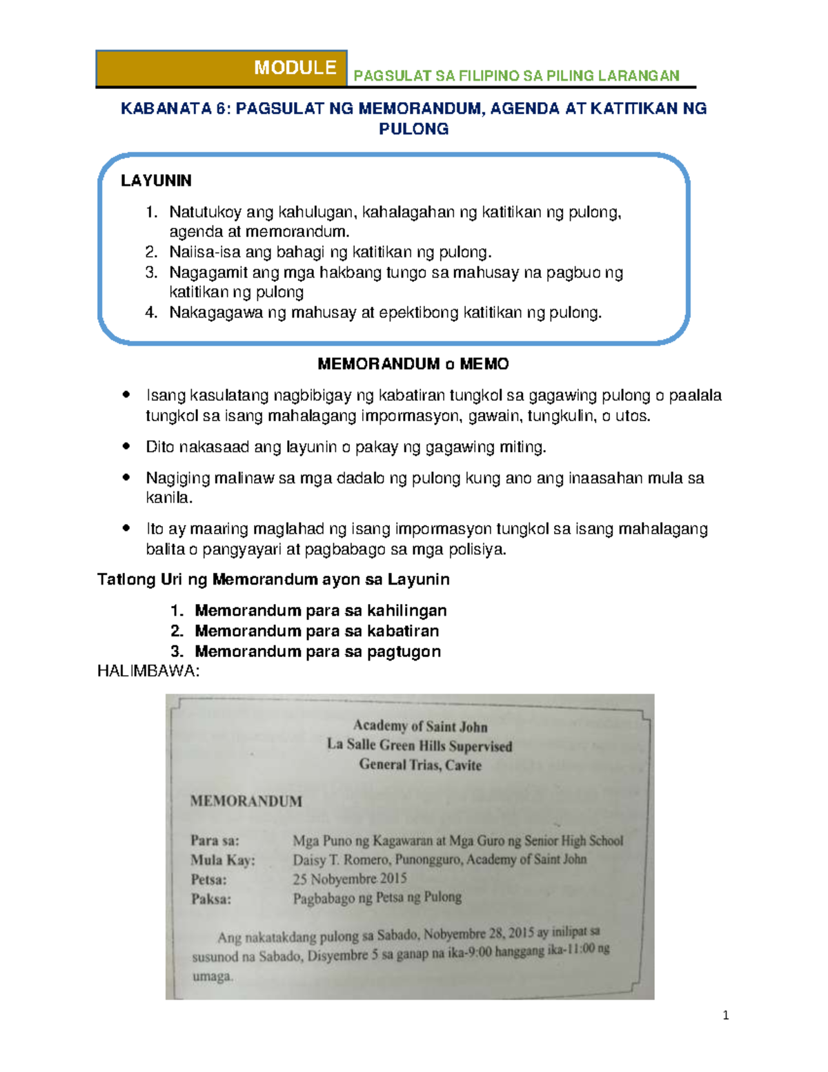 Pdfcoffee - Agenda - KABANATA 6: PAGSULAT NG MEMORANDUM, AGENDA AT ...