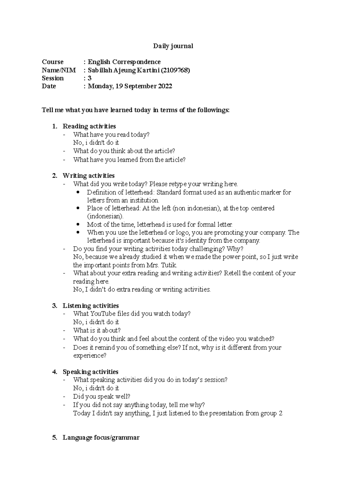 Daily journal at English Course to reflect student's understanding ...