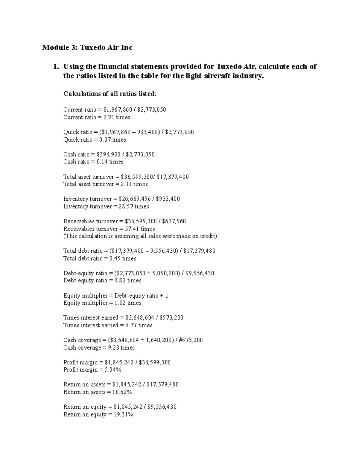 Module 3 - Tuxedo Air Inc. Mini Case Study - Module 3: Tuxedo Air Inc 1 ...