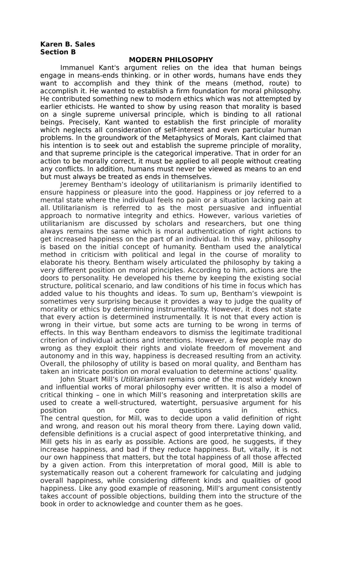 Sales- Philo Paper ( Modern Philosophy) - Karen B. Sales Section B ...