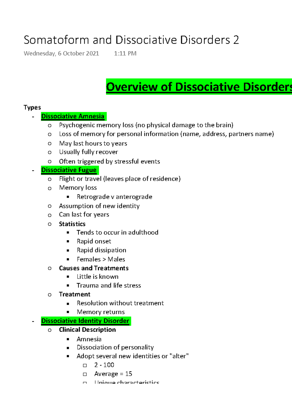 Somatoform and Dissociative Disorders 2 - Overview of Dissociative ...