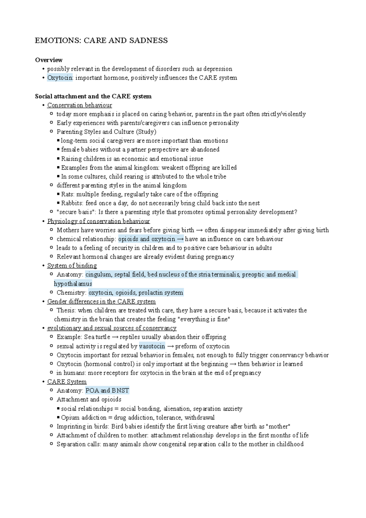 Summary Lecture 13 - Emotions Caring Behavior and Sadness - EMOTIONS ...