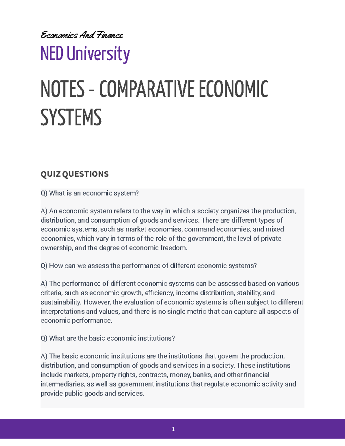Comparative Economic Systems- Notes - Economics And Finance NED ...