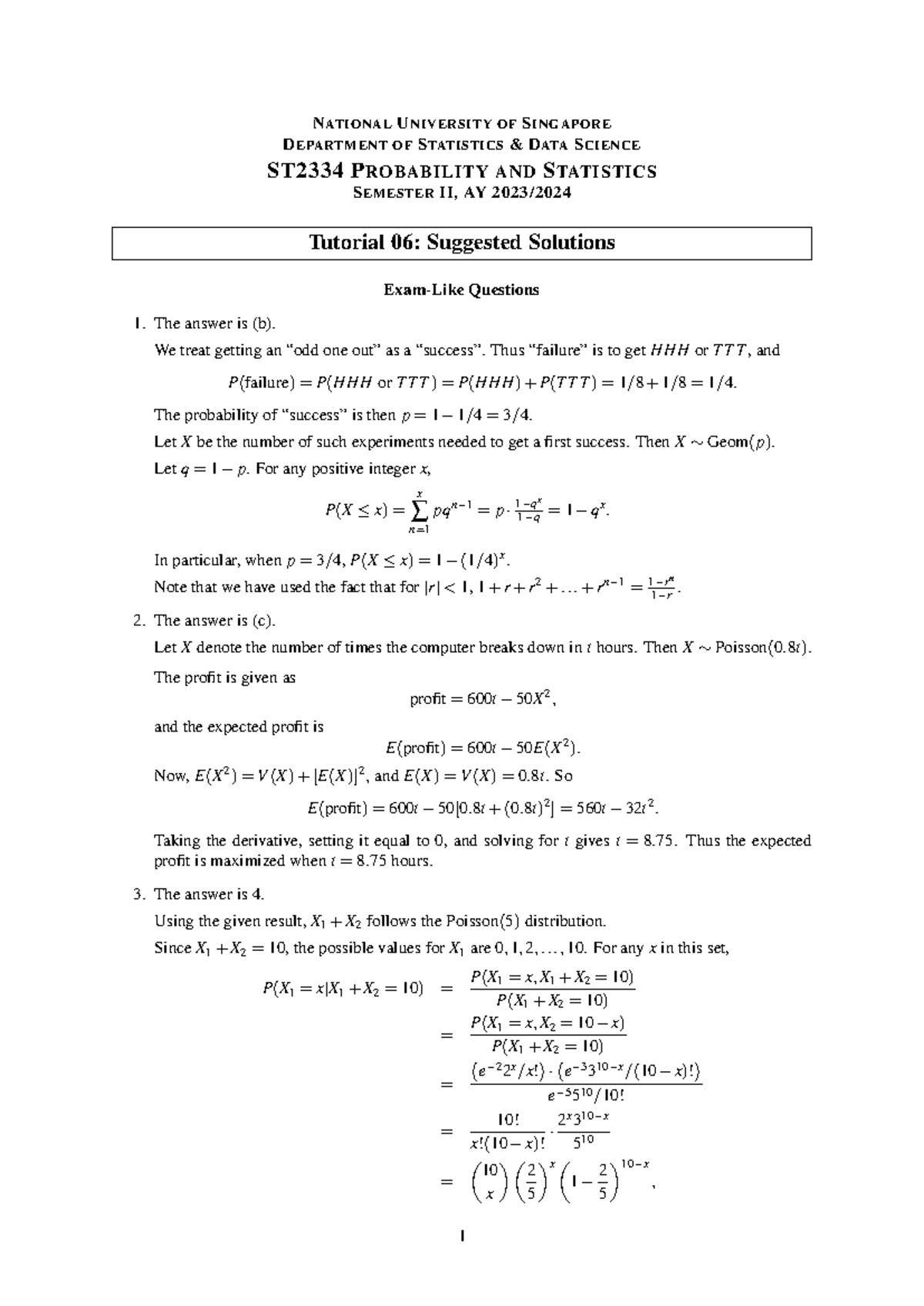 Tut06-sol - Solution to tutorial questions - NATIONAL UNIVERSITY OF SINGAPORE DEPARTMENT OF ...