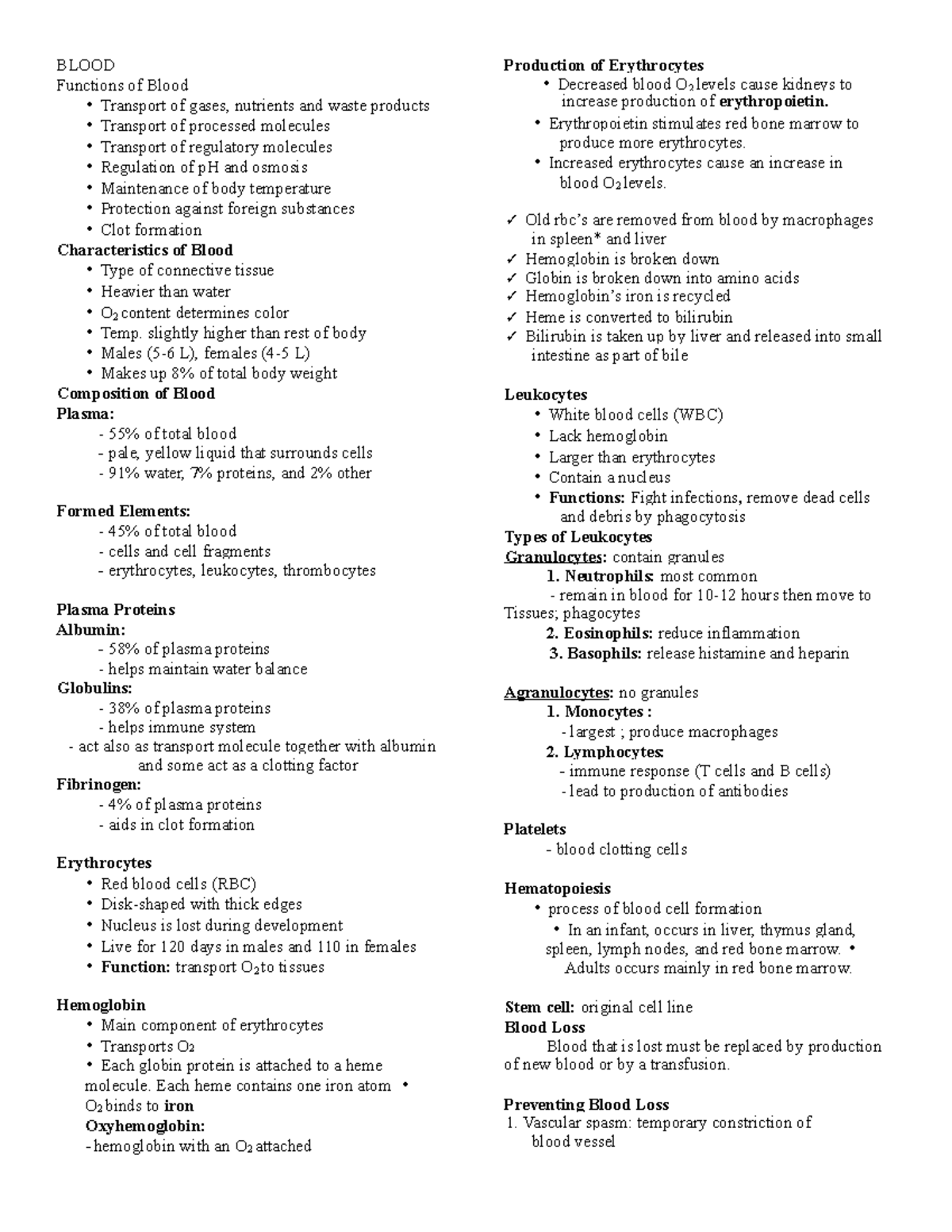 Blood - Notes - BLOOD Functions of Blood - Transport of gases ...