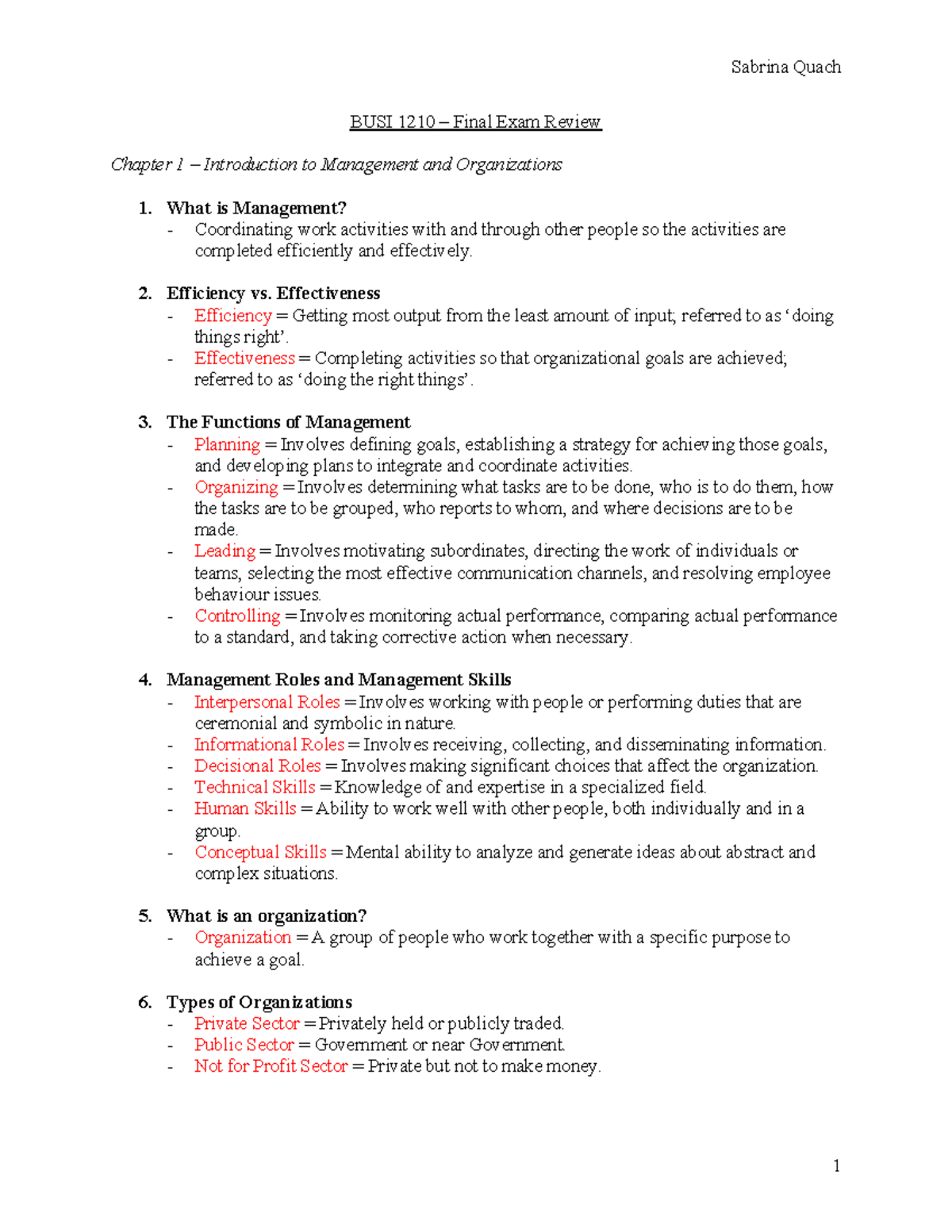 Final Exam Review-8 - Sabrina Quach BUSI 1210 3 Final Exam Review Chapter 1 3 Introduction to ...