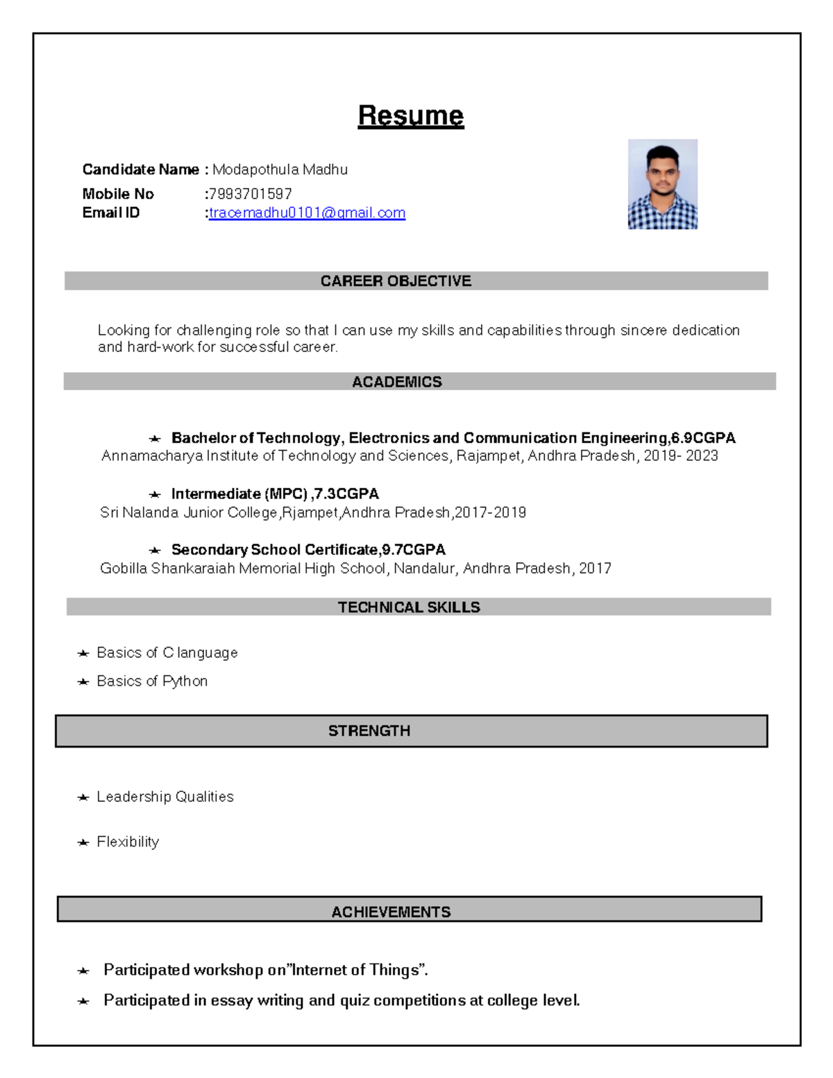 CV Madhu M - tganks - Resume Candidate Name : Modapothula Madhu Mobile ...