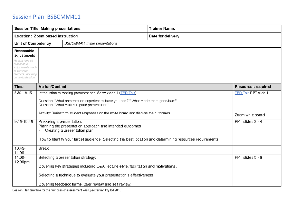 Case-Study-Session-Plan - Session Plan BSBCMM Session Title: Making ...