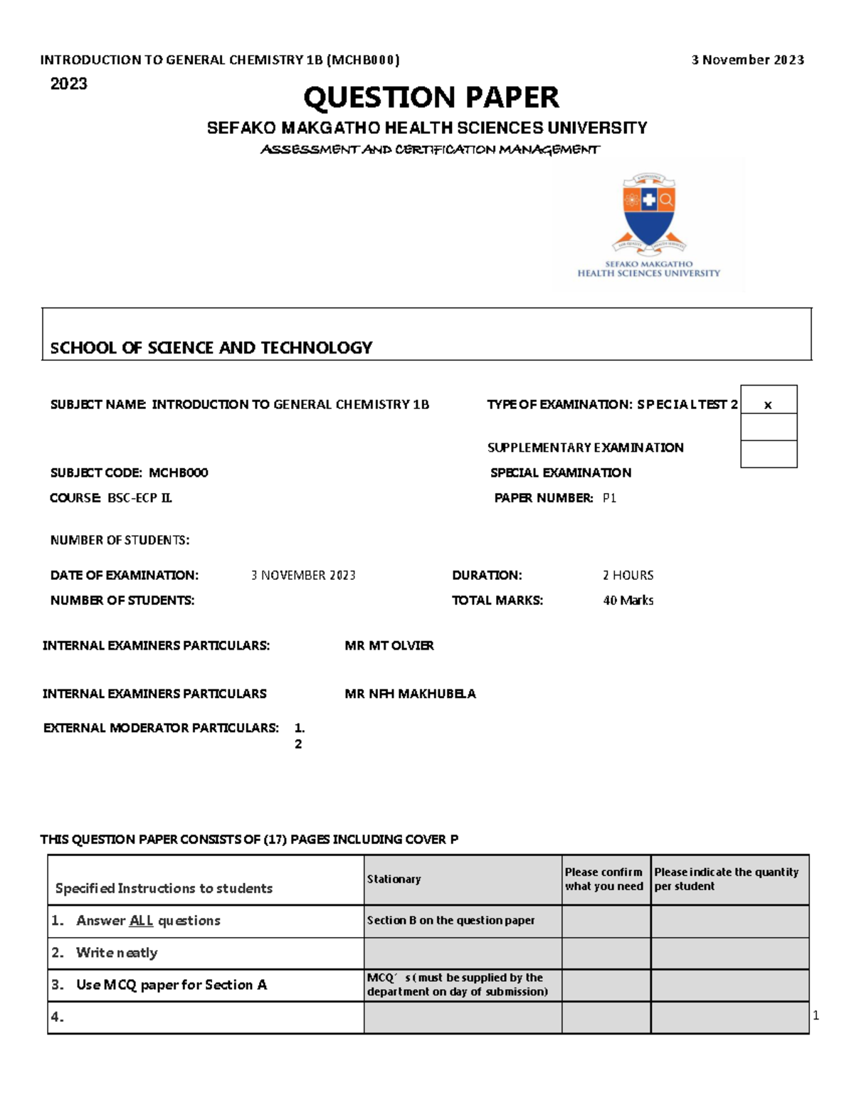 Test II MCHB000 Question paper - 1 Specified Instructions to students ...