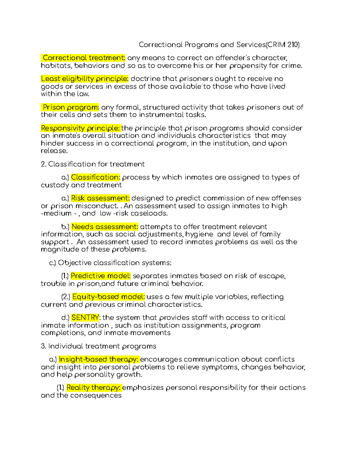 Chapter 13 notes - Correctional Programs and Services(CRIM 210 ...