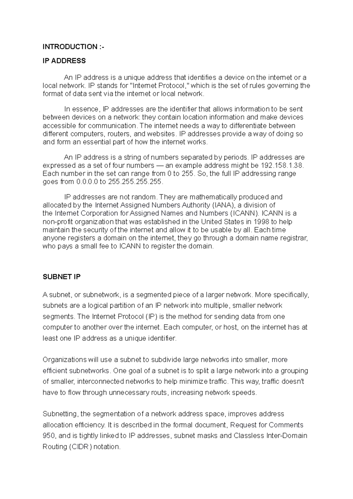 Network Assign 18 - INTRODUCTION :- IP ADDRESS An IP address is a ...