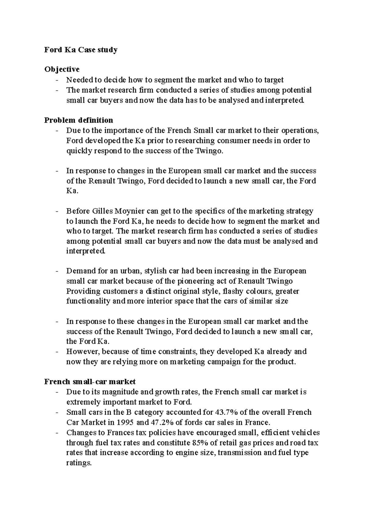 Ford Ka Case study - MKTG3003 - MQ - Studocu