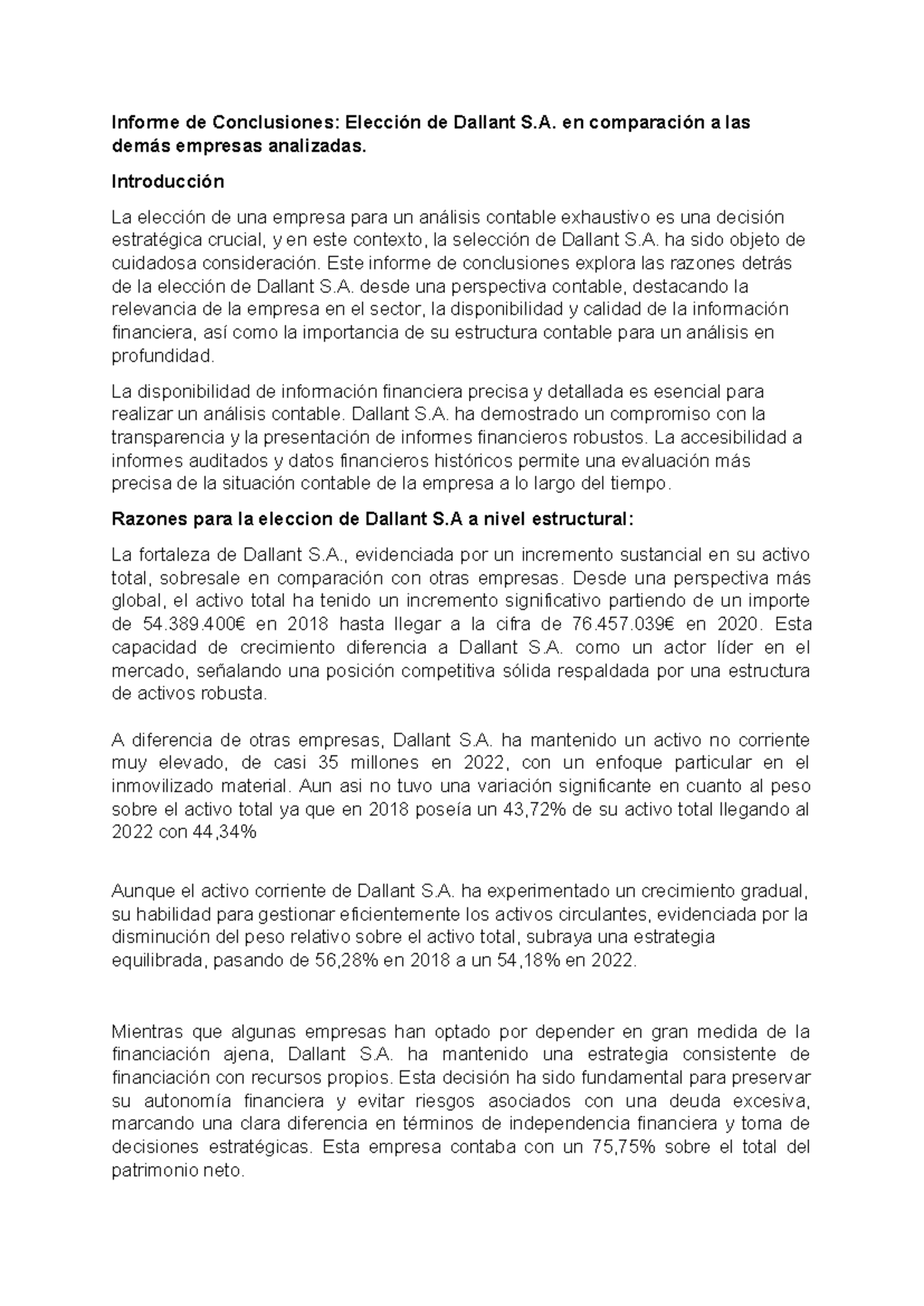 Informe de Conclusiones sobre la Elección de Dallant S - en comparación ...