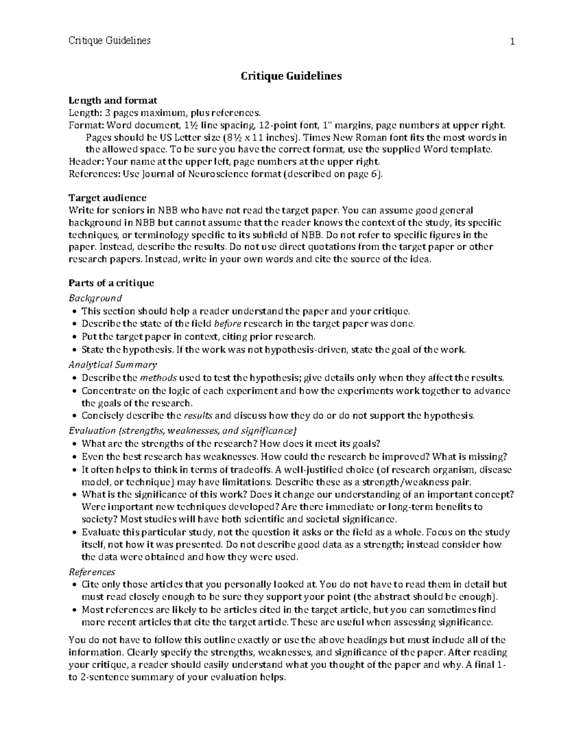Critique guidelines - Format: Word document, 1½ line spacing, 12-point ...