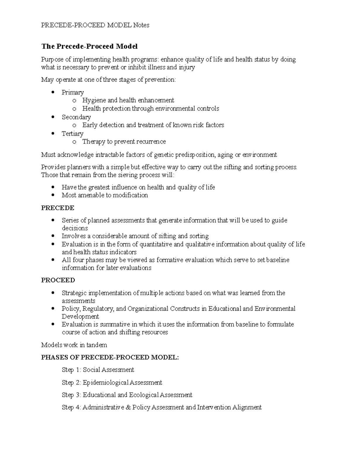The Precede-Proceed Model Notes - PRECEDE-PROCEED MODEL Notes The ...