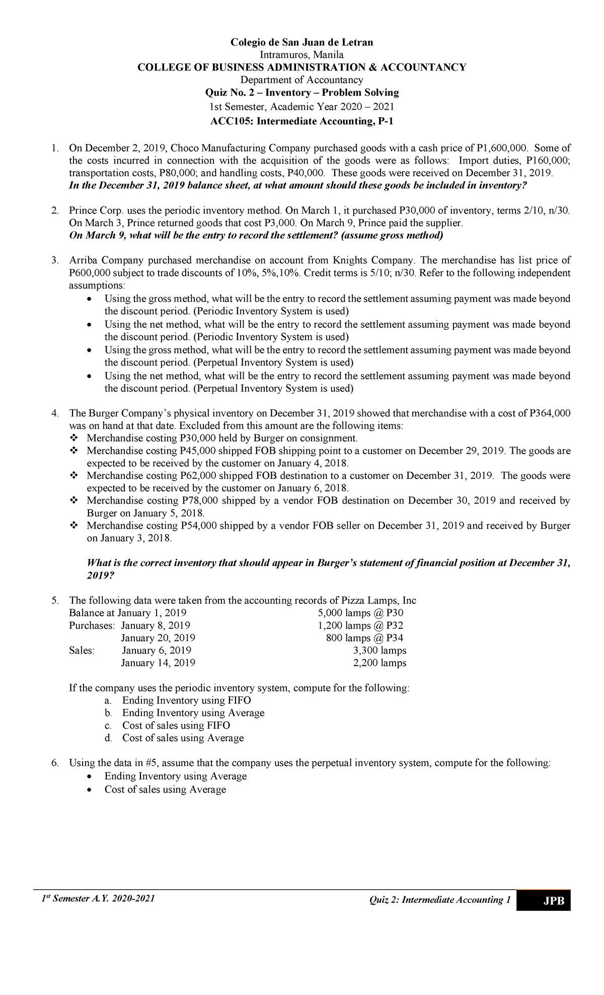 481430095 Quiz 2 Problem Solving Inventory - 1 st Semester A. 2020-2021 ...