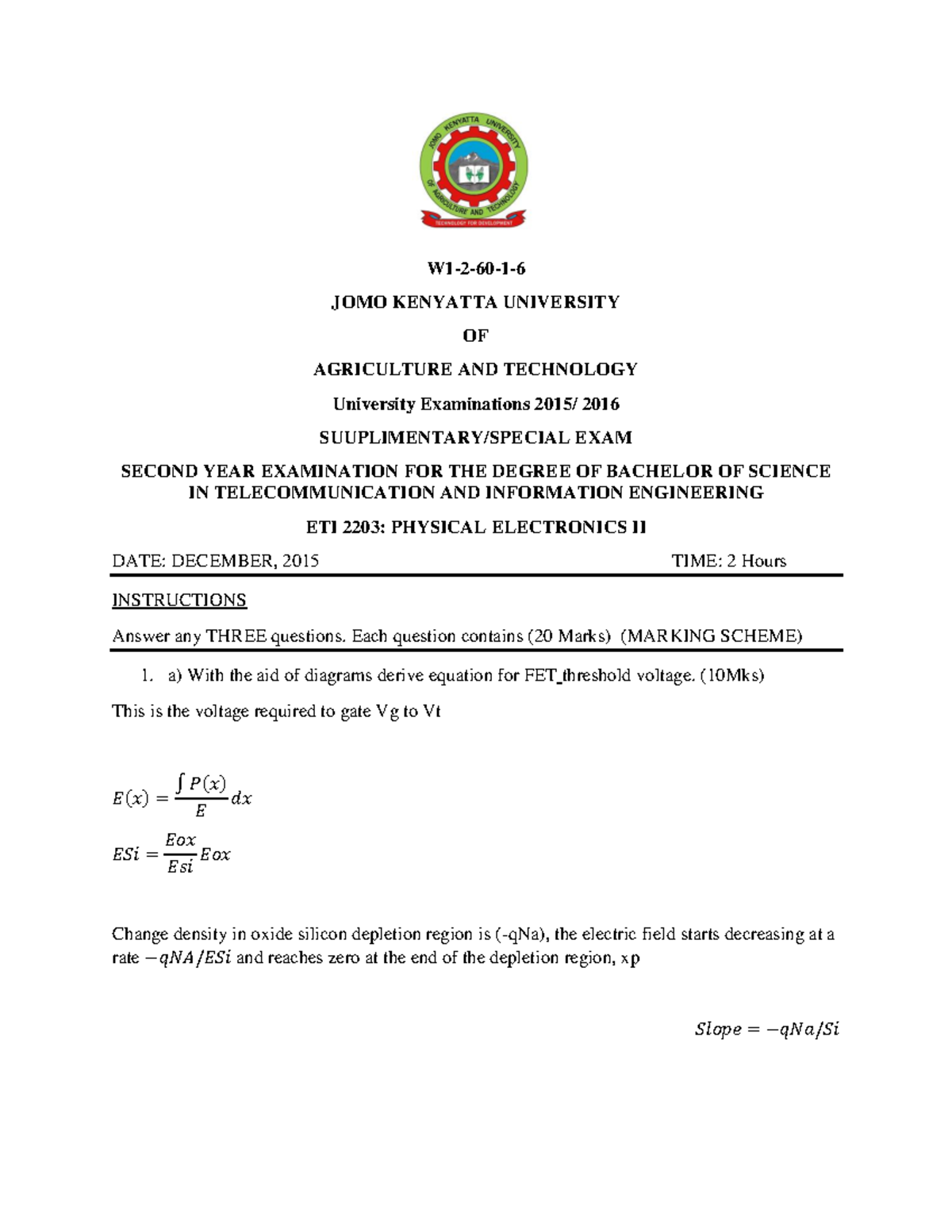 ETI 2203 Physical electronics II - Marking scheme Supp - W1-2-60-1- JOMO KENYATTA UNIVERSITY OF ...
