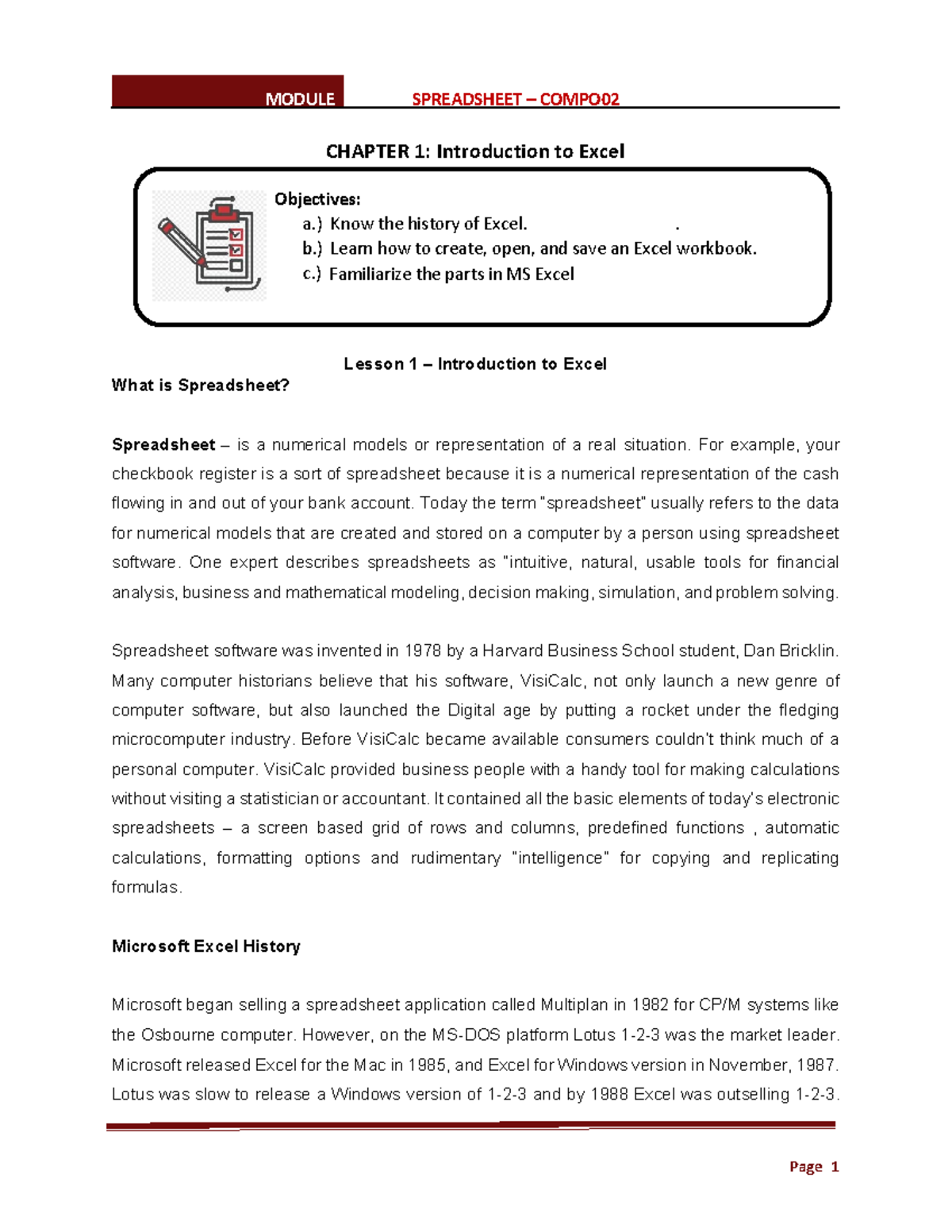 Compo 02 Chapter 1 - CHAPTER 1: Introduction to Excel Lesson 1 ...