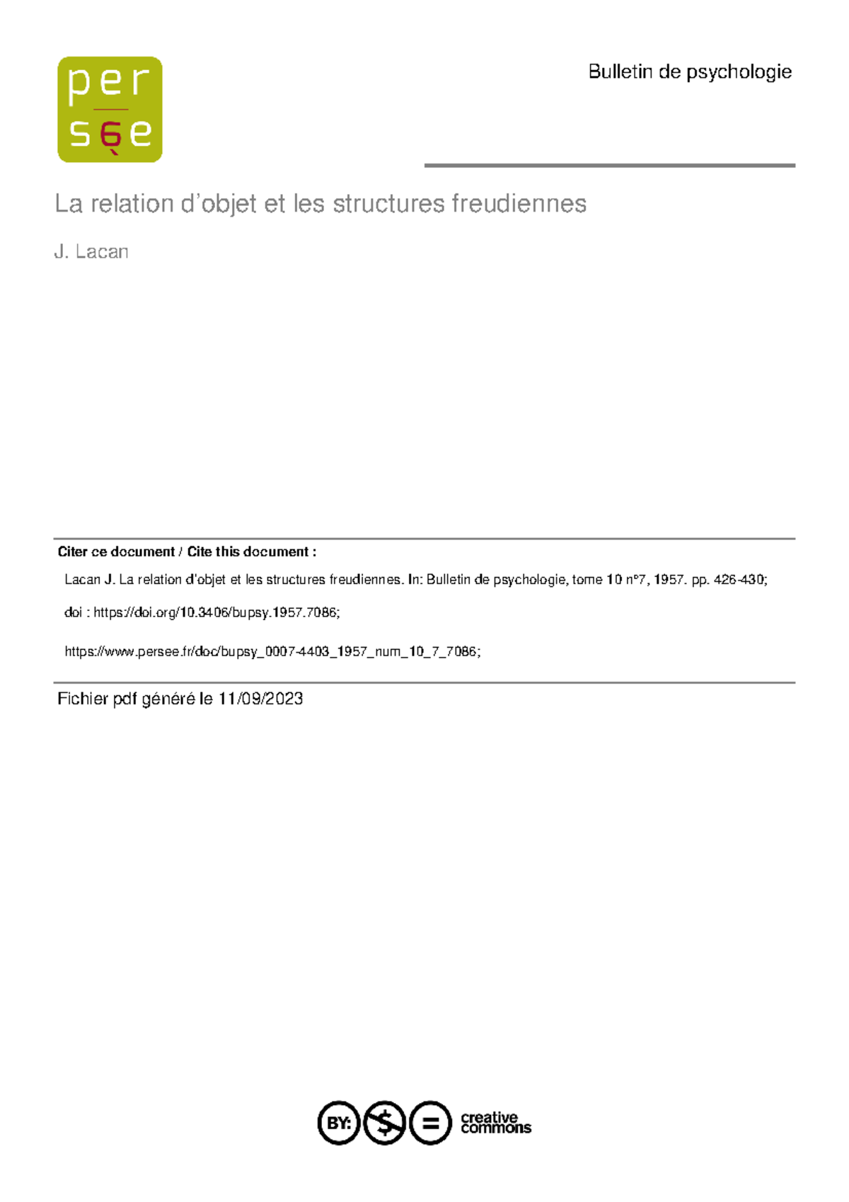 La relation d’objet et les structures freudiennes - Lacan Citer ce ...