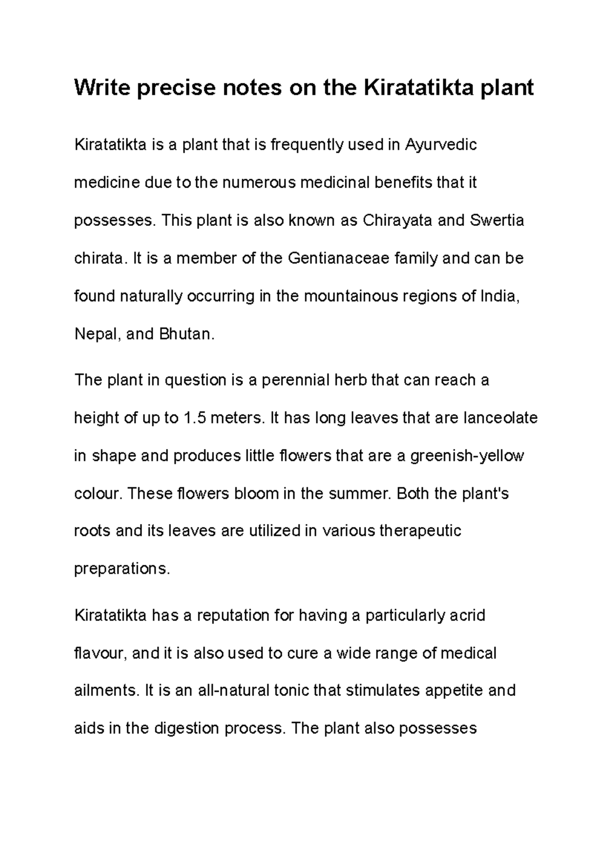 Write precise notes on the Kiratatikta plant - Write precise notes on ...