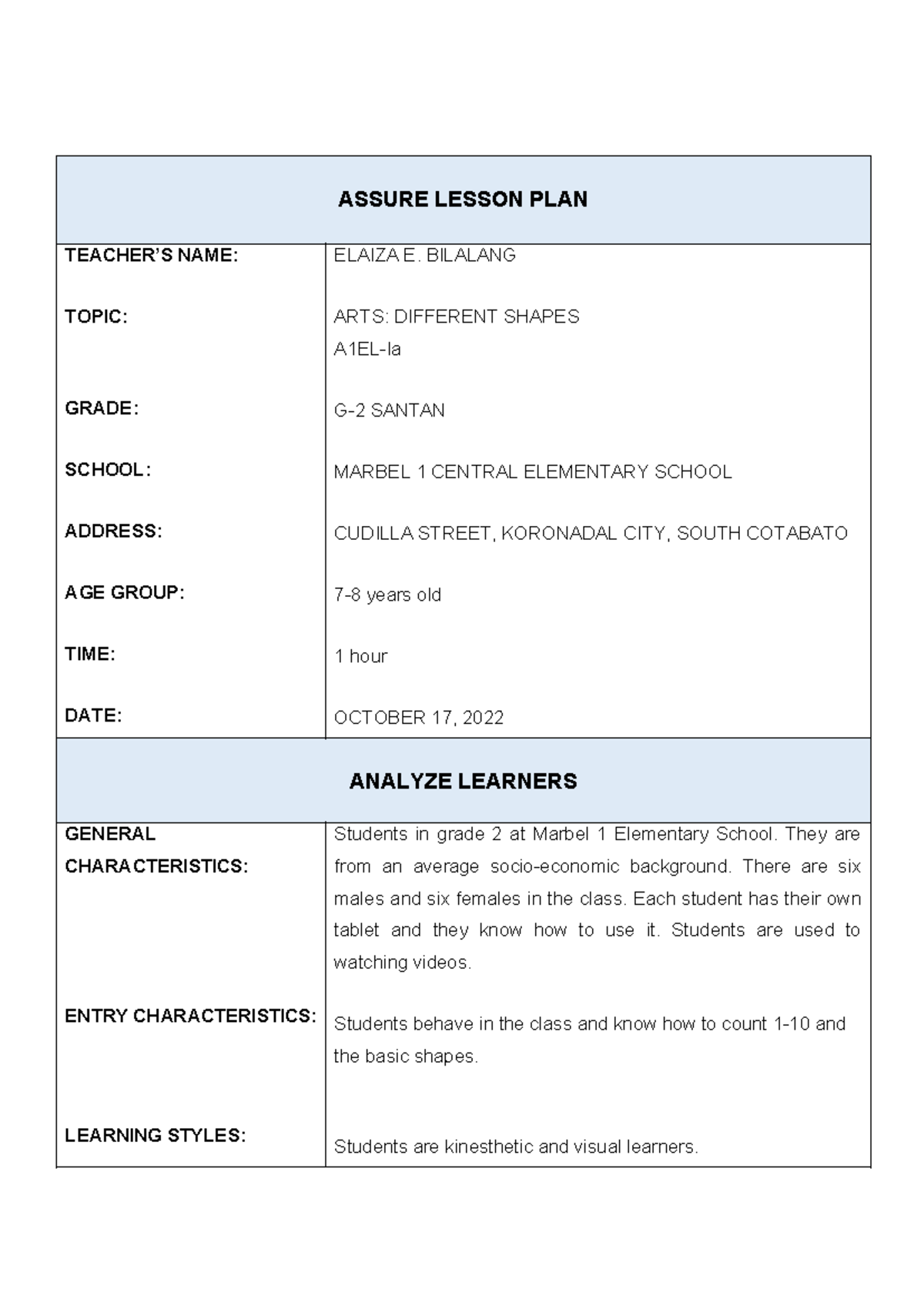 Assure Lesson PLAN - ASSURE LESSON PLAN TEACHER’S NAME: TOPIC: GRADE ...