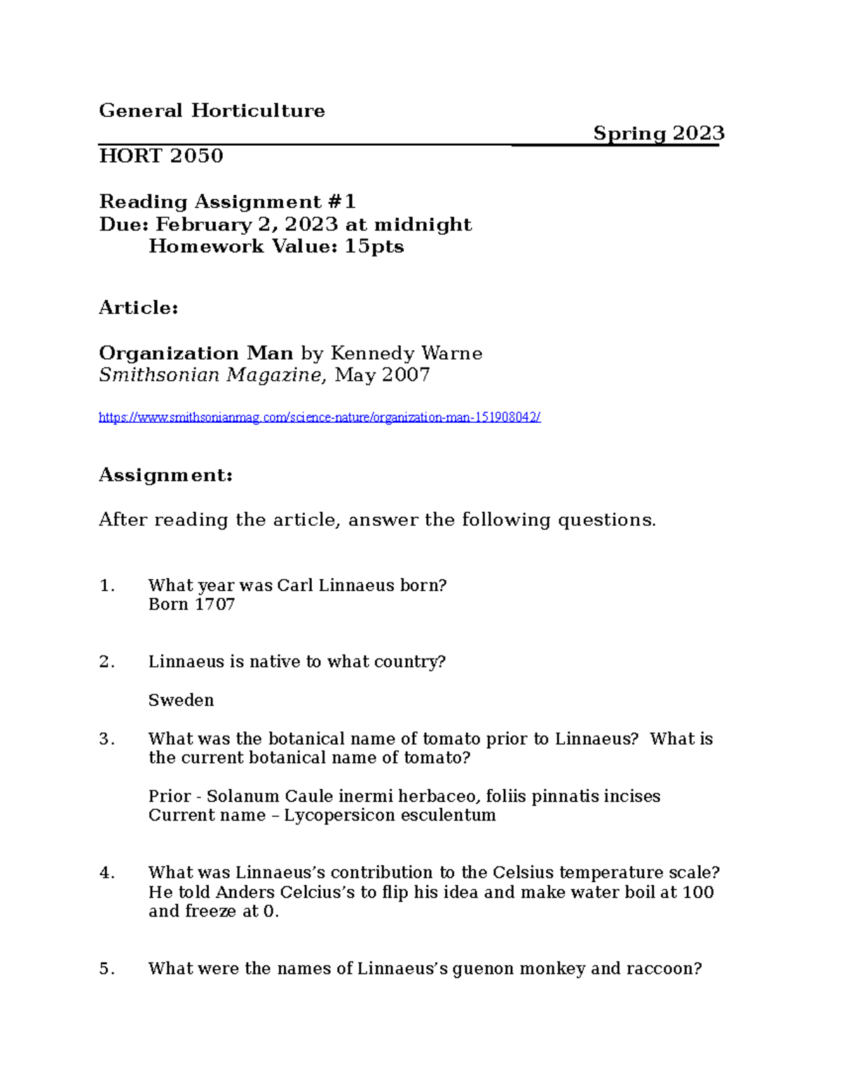 Hort reading assignment - General Horticulture Spring 2023 HORT 2050 ...