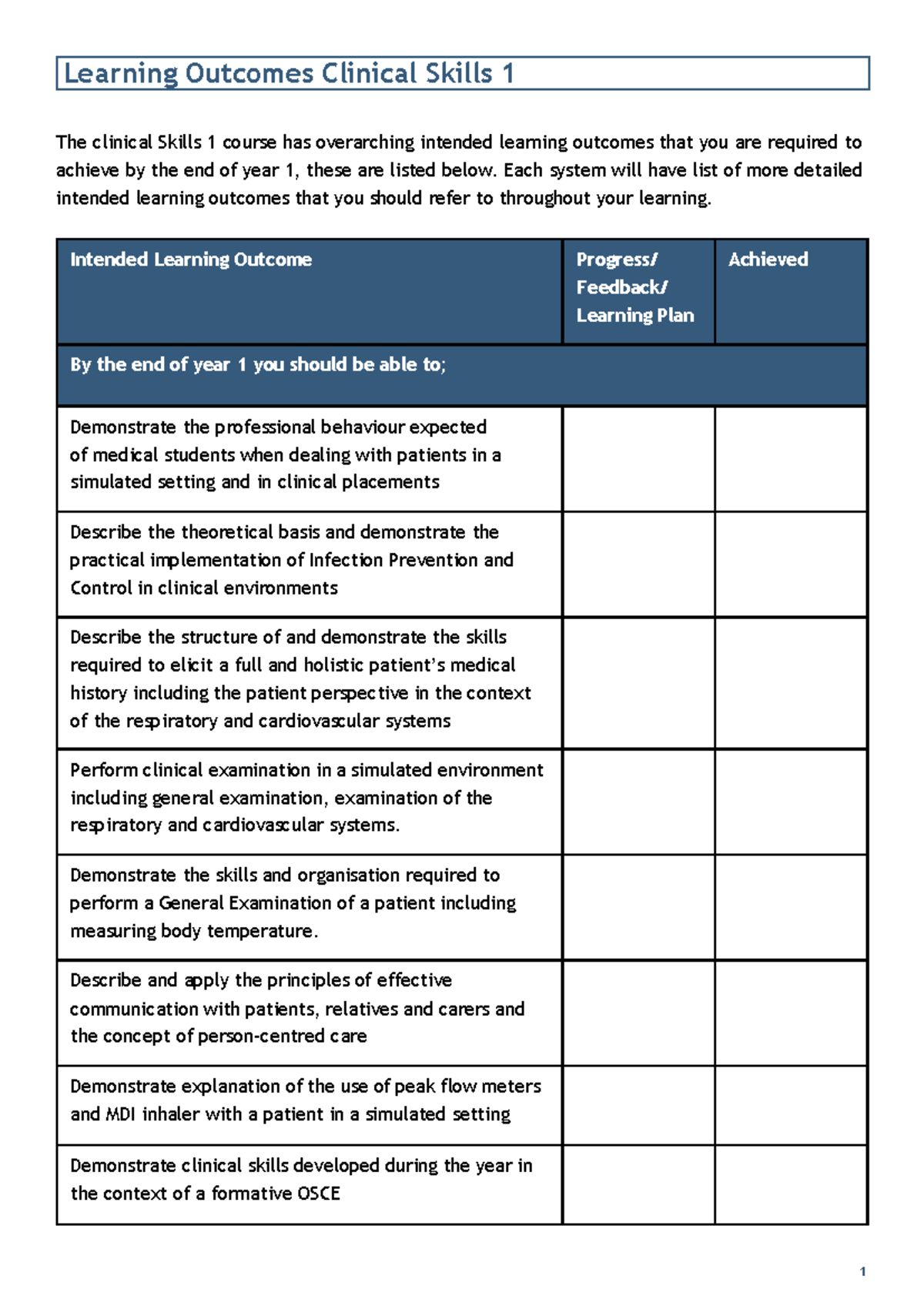 Y1 clinical checklist - 1 The clinical Skills 1 course has overarching ...