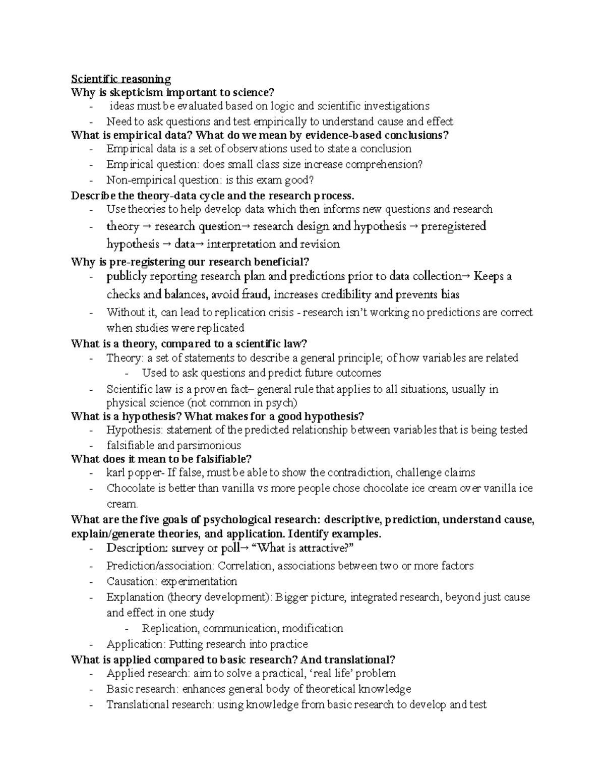 Final study guide - Dr. Wyland - Scientific reasoning Why is skepticism ...