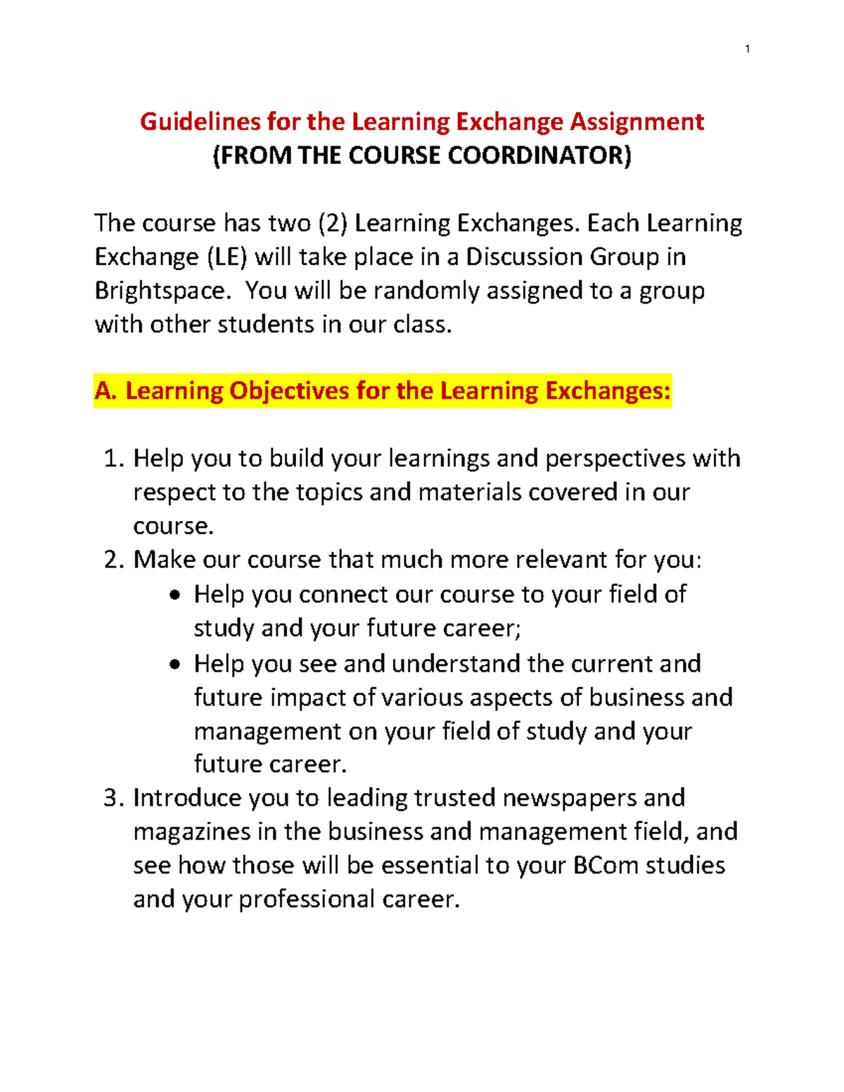 Learning Exchange Student Guidelines - Guidelines for the Learning ...