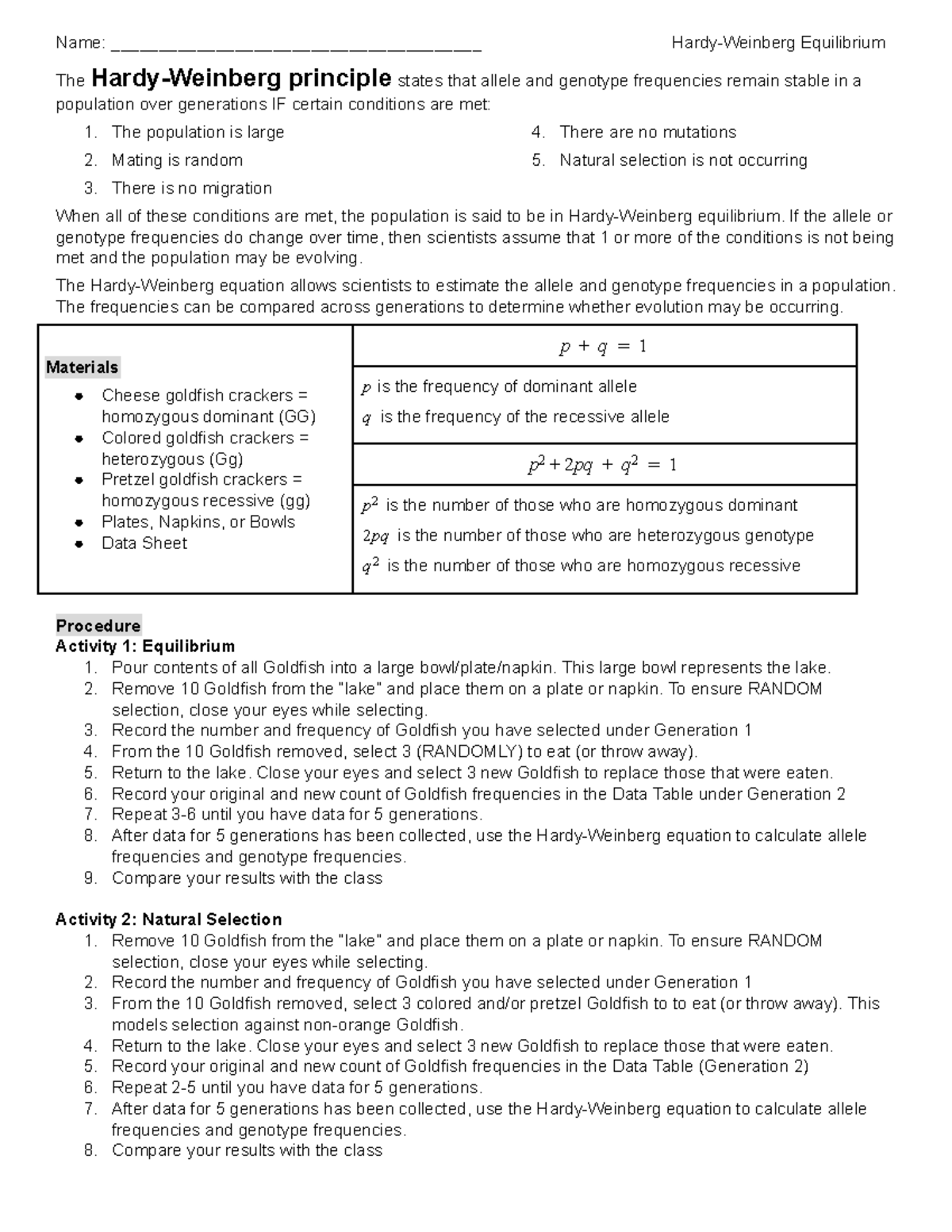 Hardy Weinberg Goldfish Activity-1 - Name ...