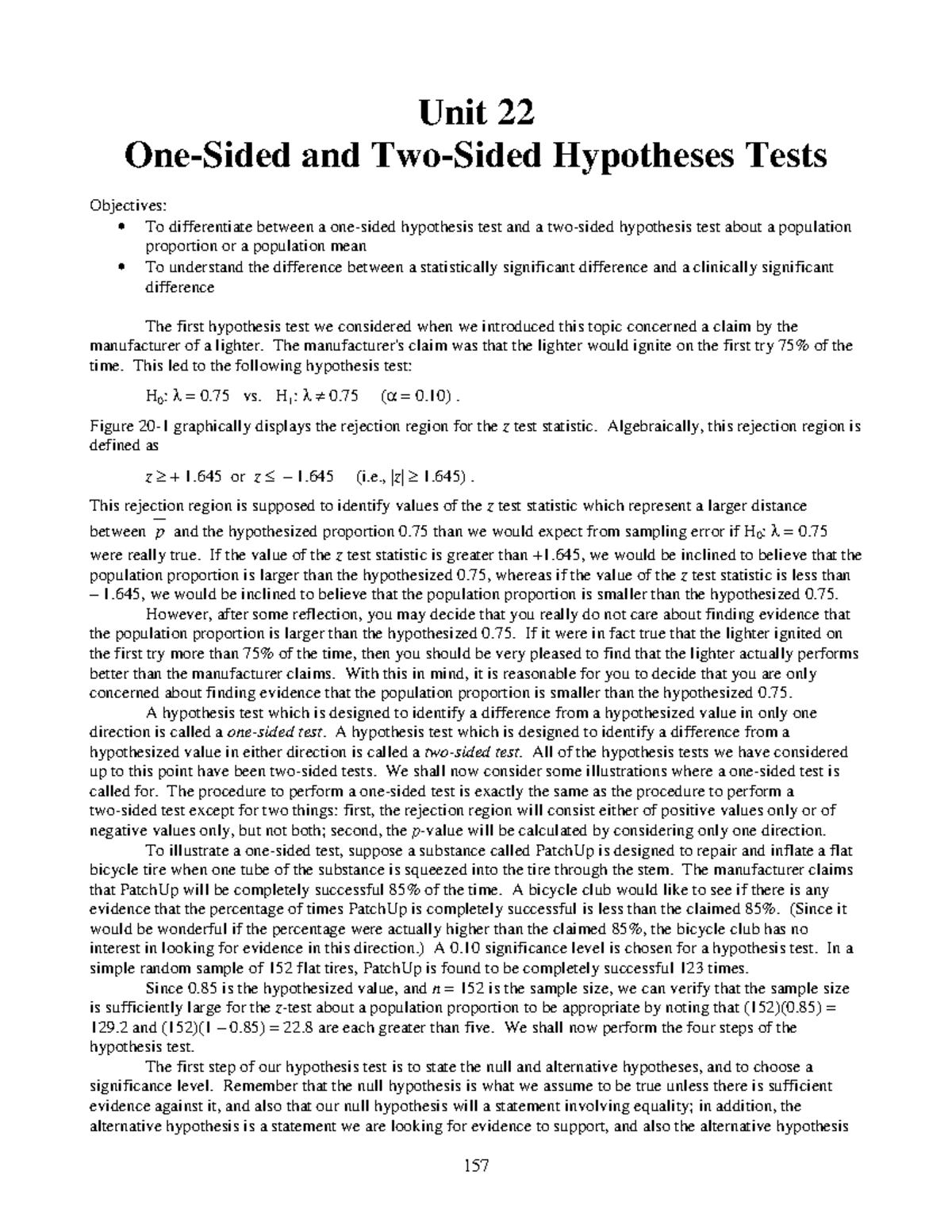 UNIT 22 - UNIT 22 - Unit 22 One-Sided and Two-Sided Hypotheses Tests ...