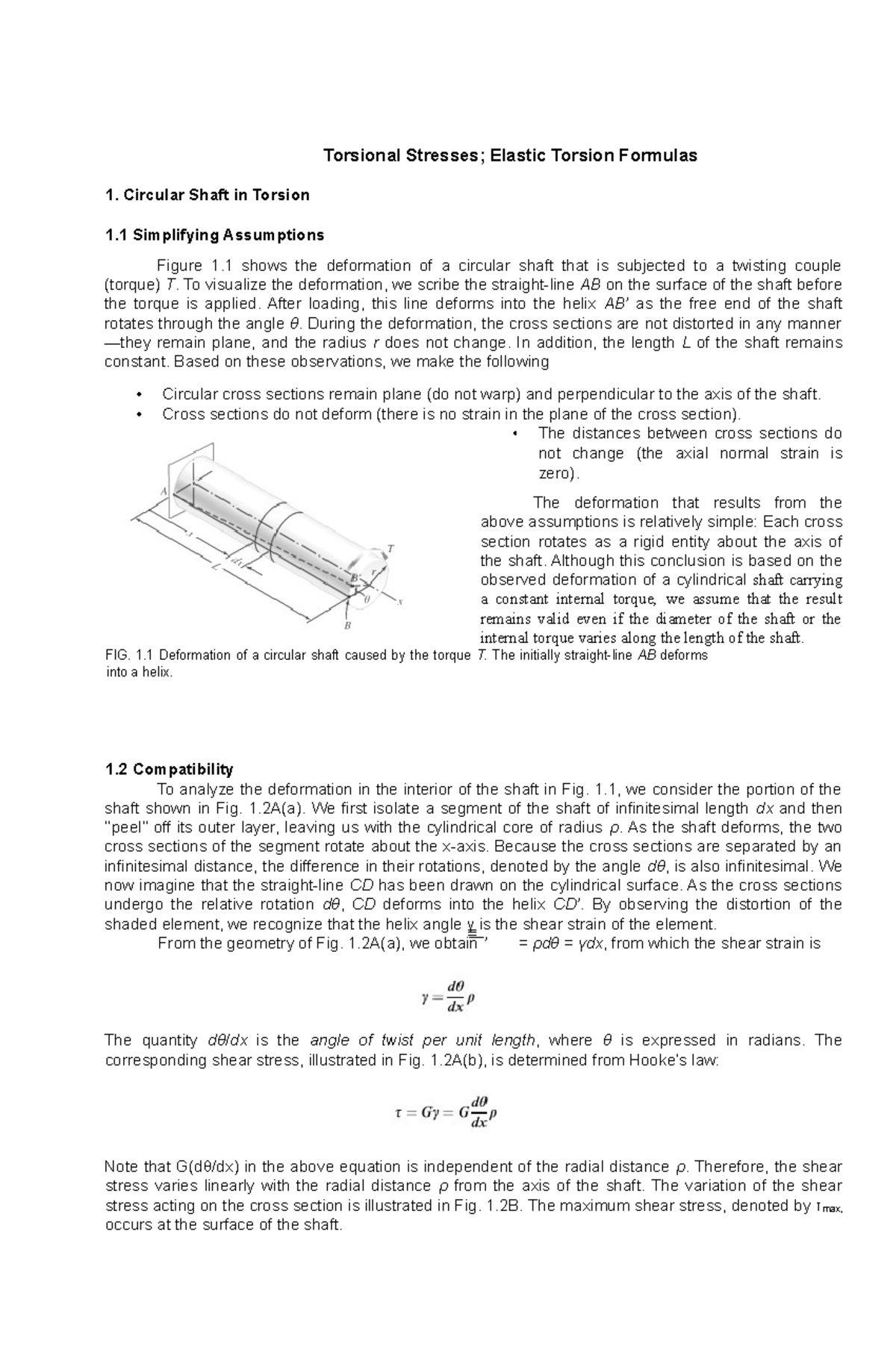 Torsional Stresses; Elastic Torsion Formulas - Torsional Stresses ...