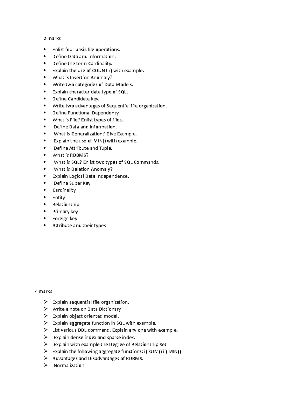 DBMS-imp - 2 marks Enlist four basic file operations. Define Data and ...