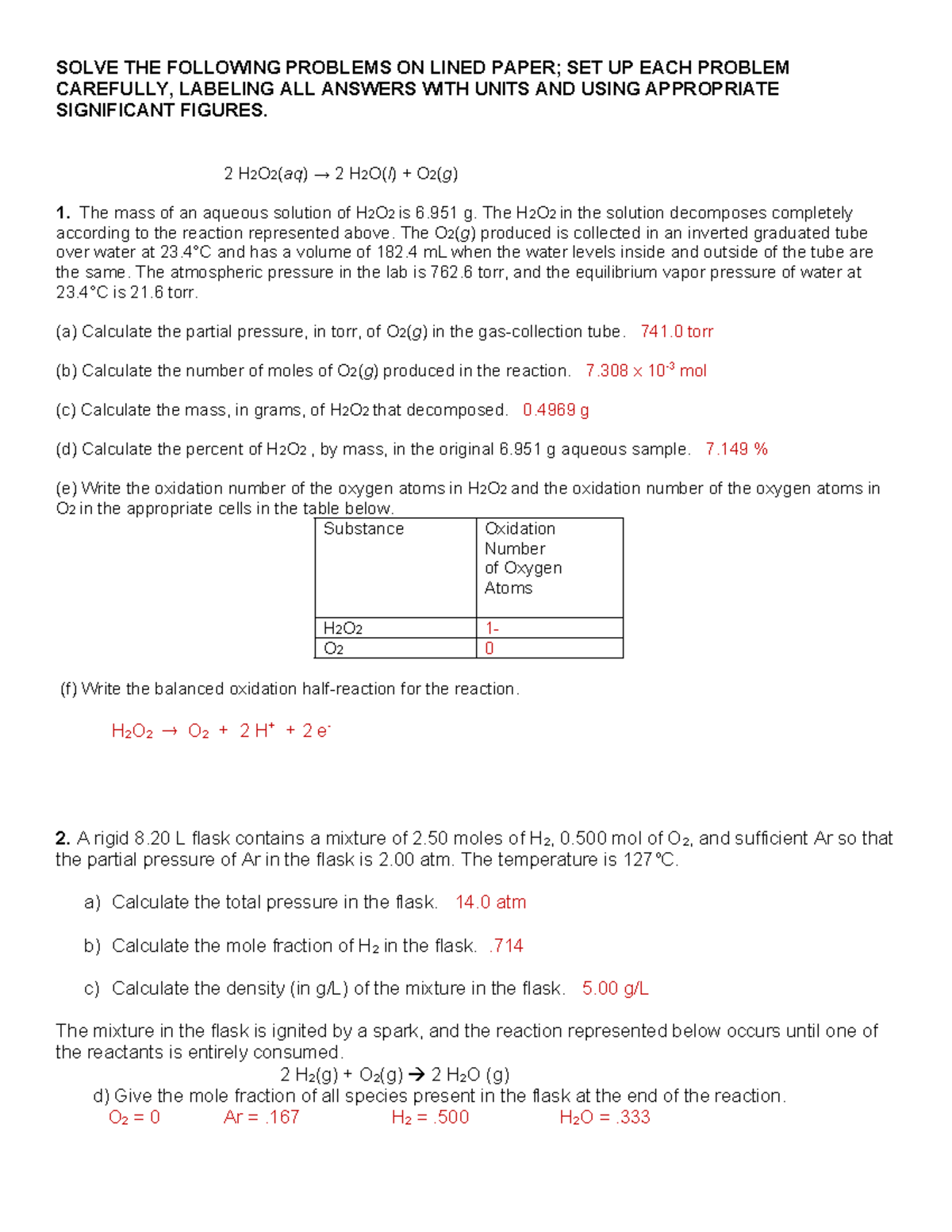 Selected GAS LAW Problems with answers - SOLVE THE FOLLOWING PROBLEMS ...