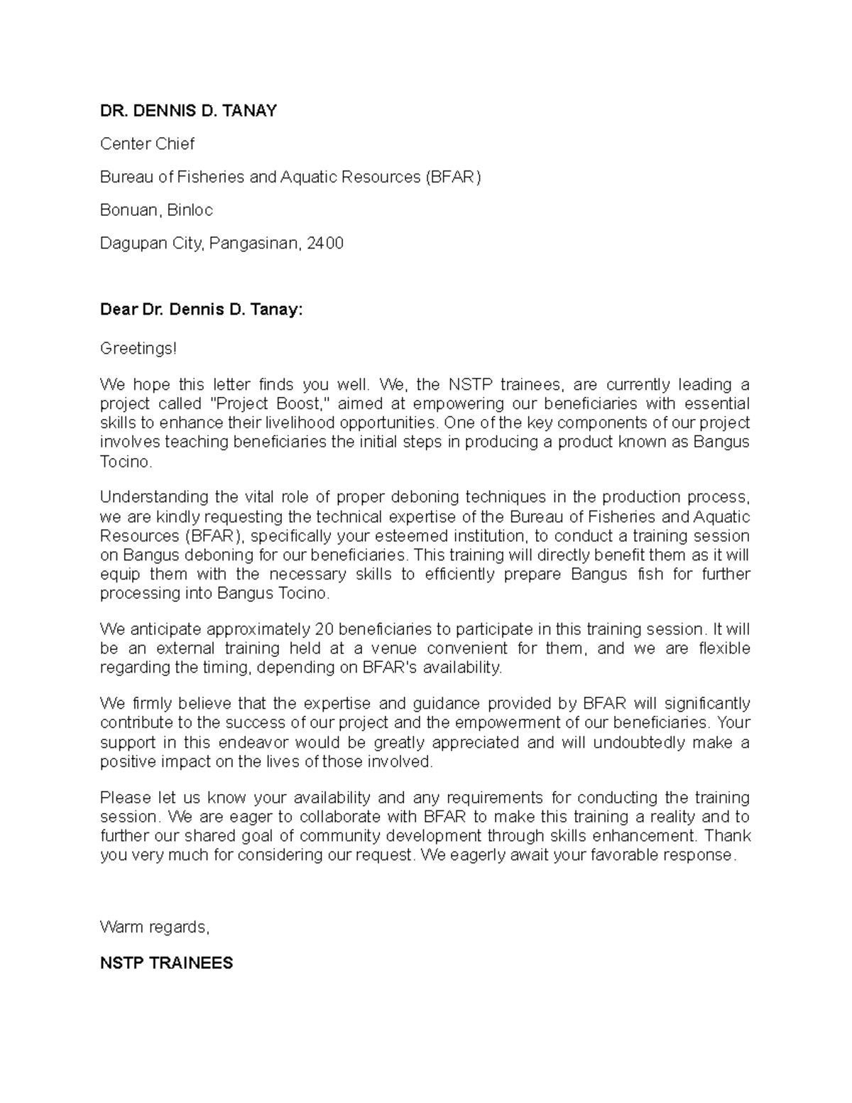 Request letter BFAR outside - DR. DENNIS D. TANAY Center Chief Bureau of Fisheries and Aquatic ...