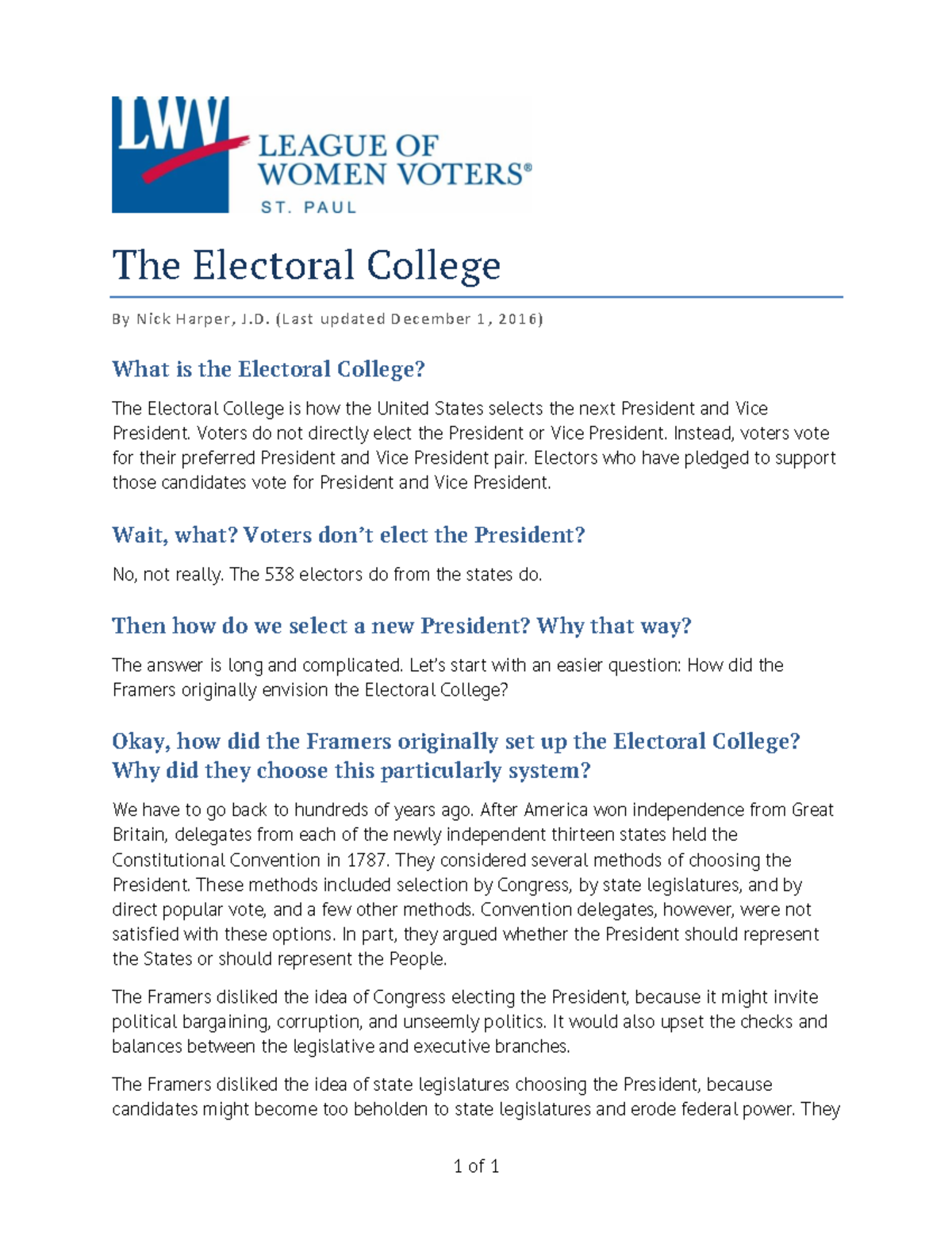 Electoral College Explained - The Electoral College By Nick Har per , J ...