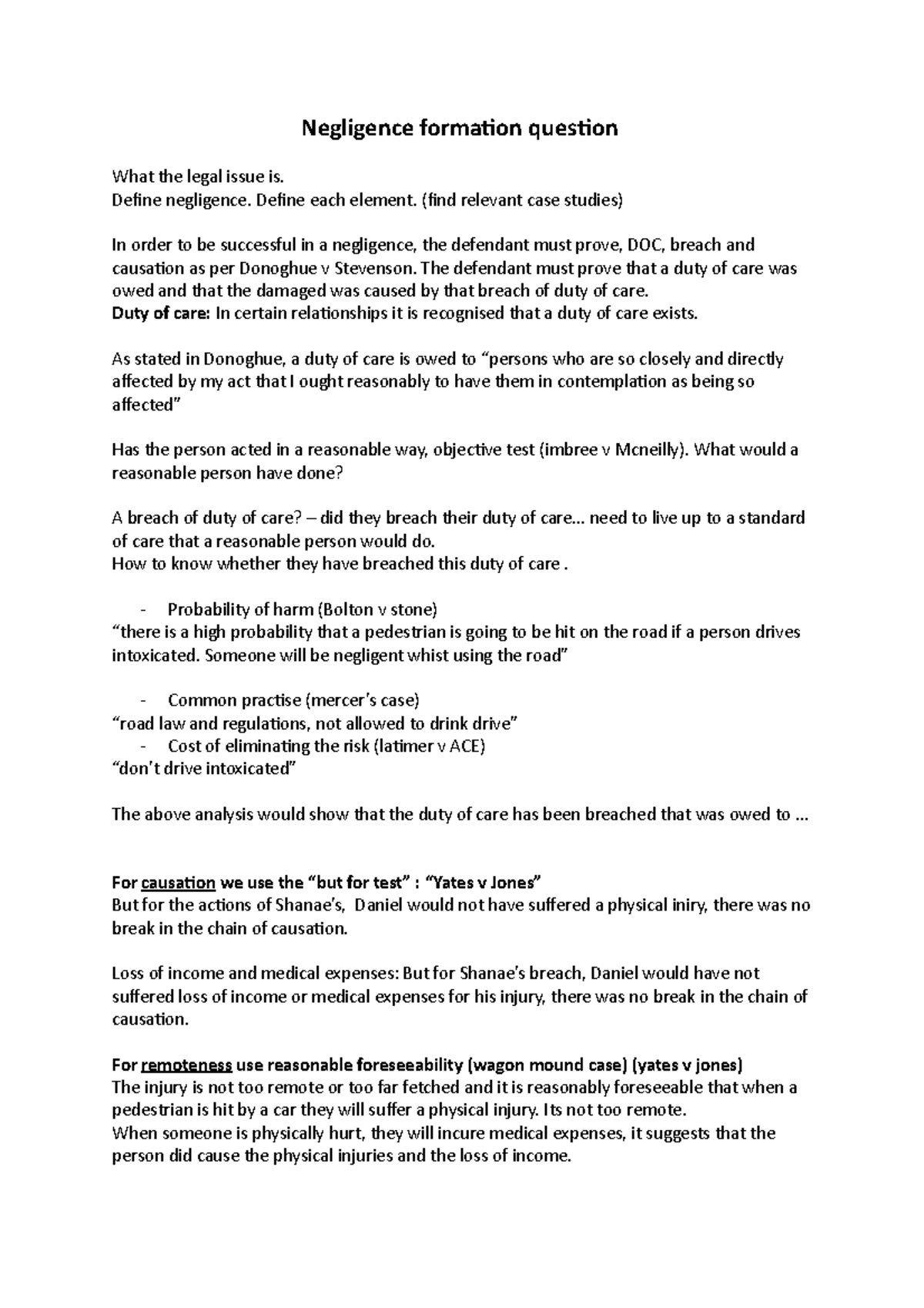 Law test HELP - notes - Negligence formation question What the legal ...