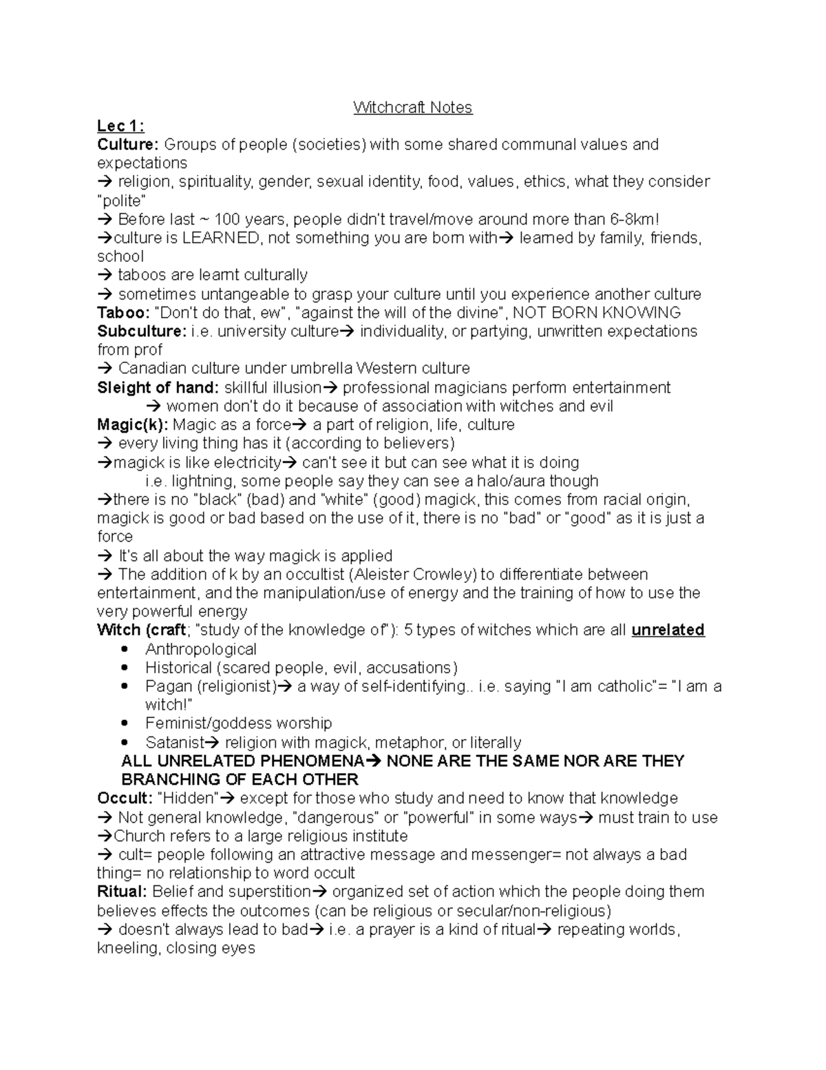 Witchcraft Notes - Witchcraft Notes Lec 1: Culture: Groups of people ...