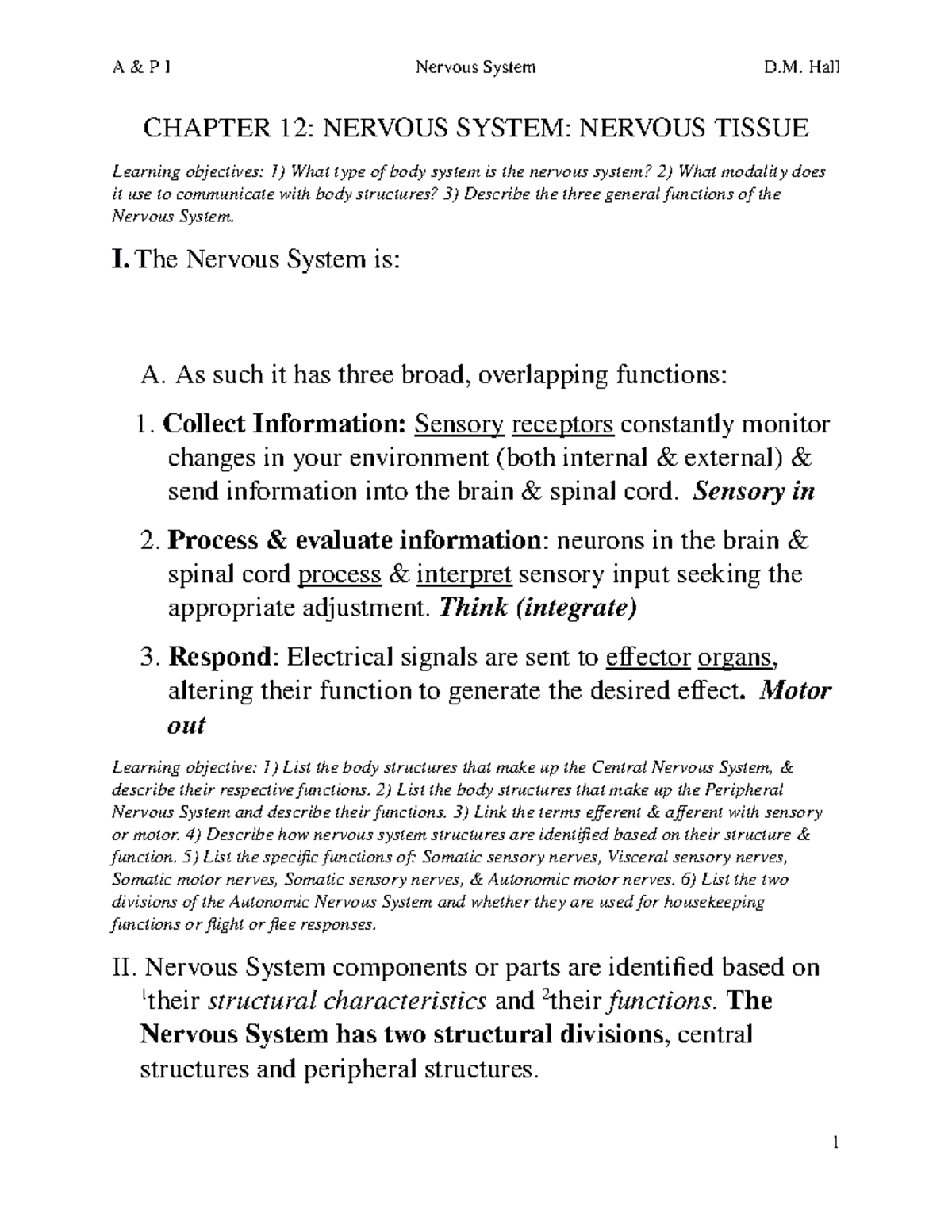 Chapter 12 Nervous System Notes student copy - CHAPTER 12: NERVOUS ...