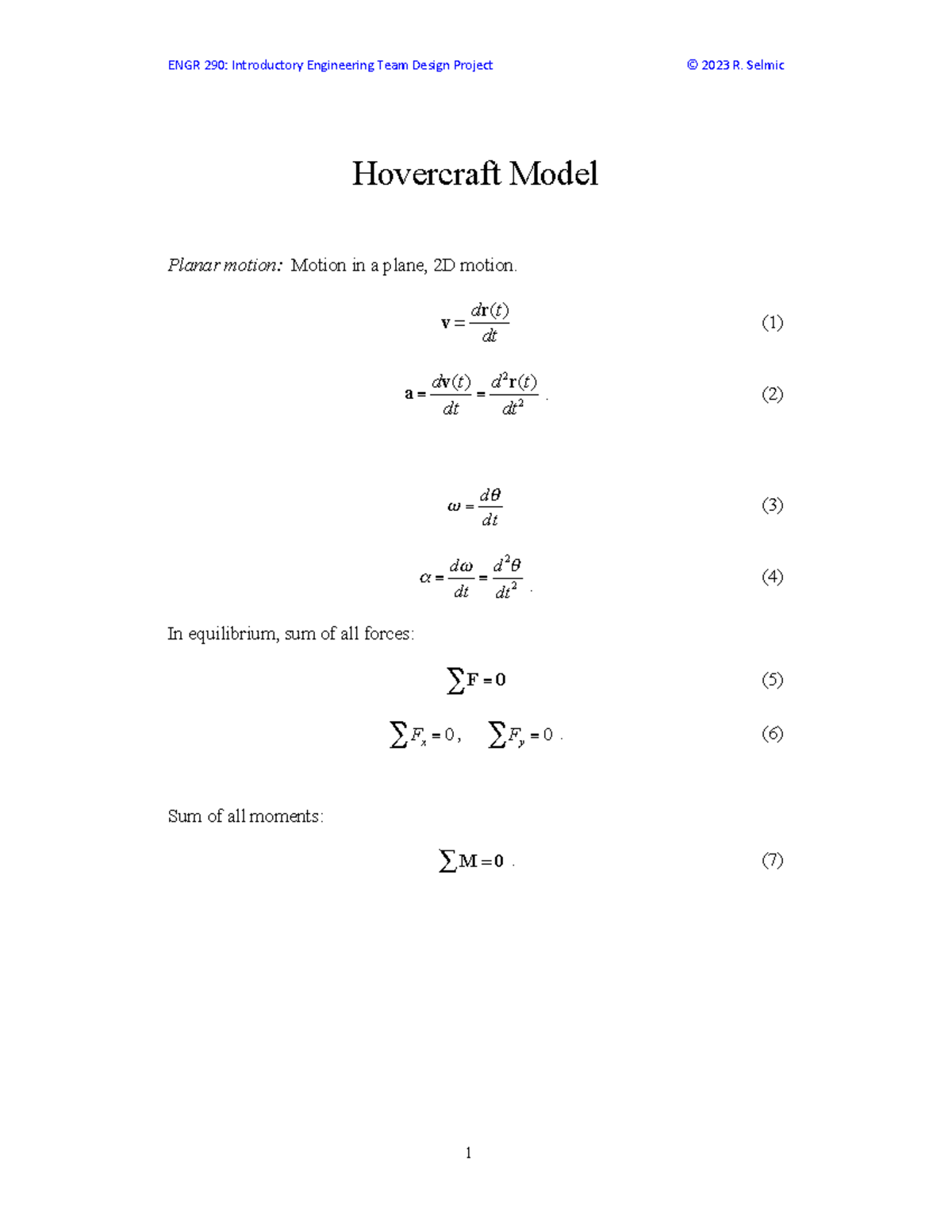 Hovercraft Model (Lecture 8) - Hovercraft Model Planar motion: Motion ...