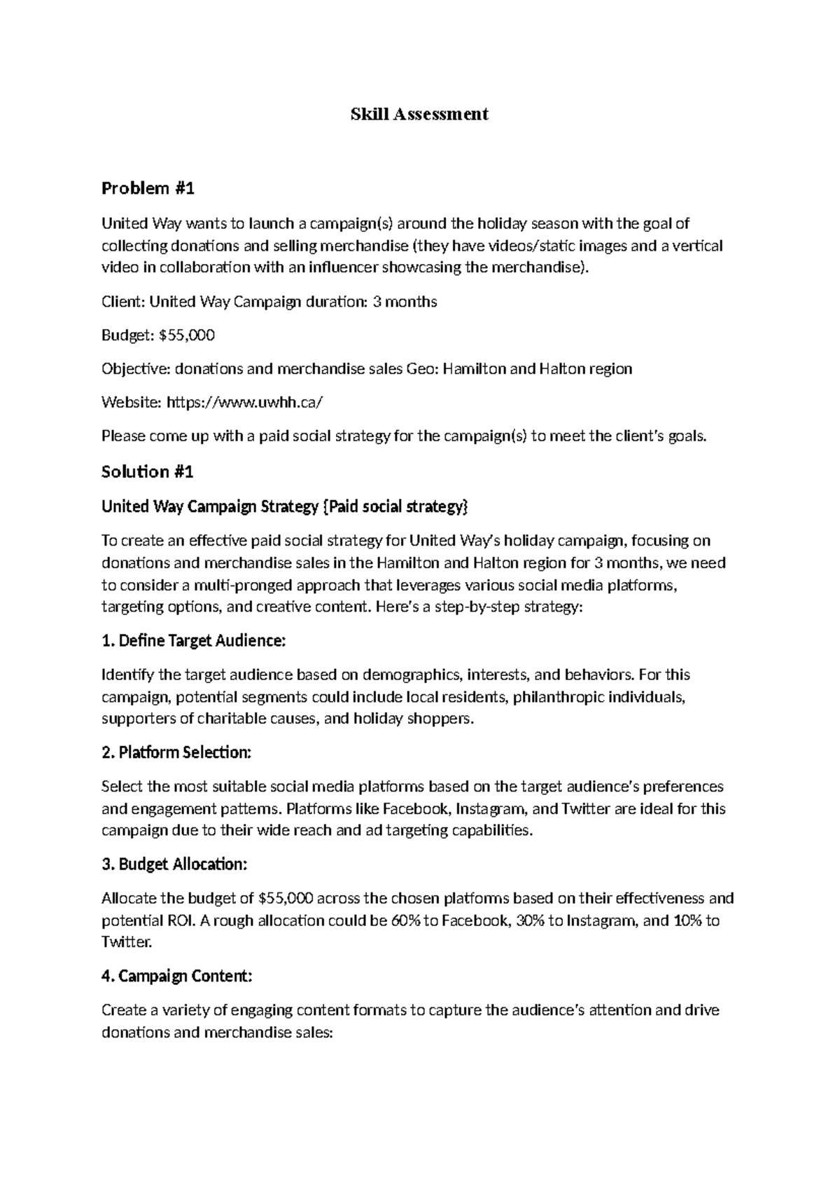 Skill Assessment - Skill Assessment Problem United Way wants to launch ...