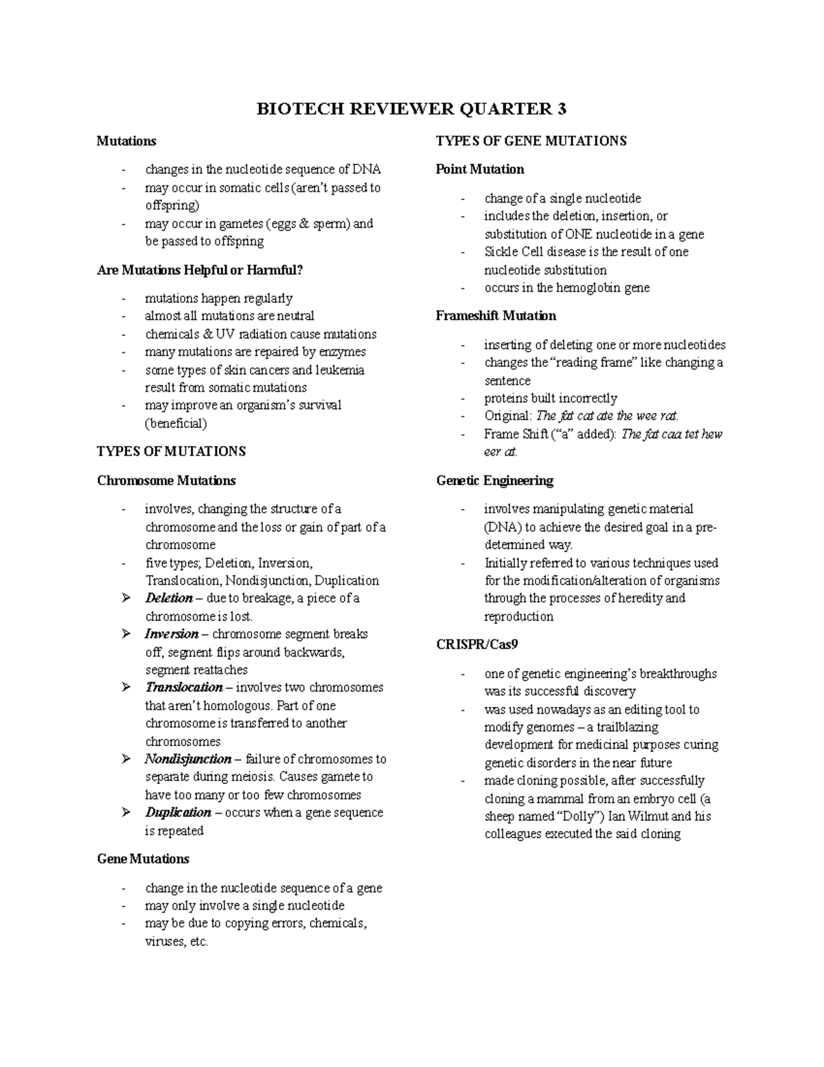 Biotechnology notes - BIOTECH REVIEWER QUARTER 3 Mutations - changes in ...