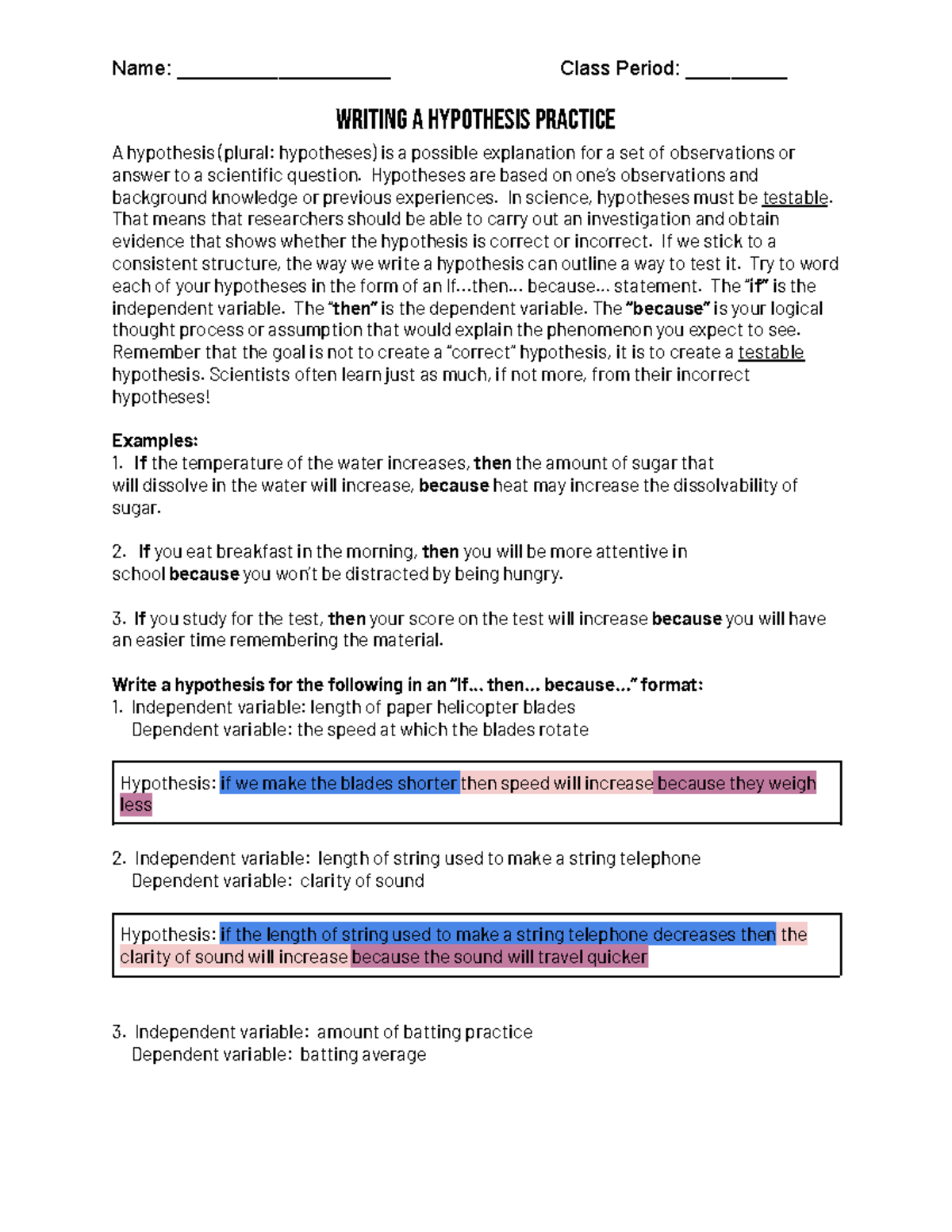 Ella Alflen - Writing a hypothesis Practice - Name ...