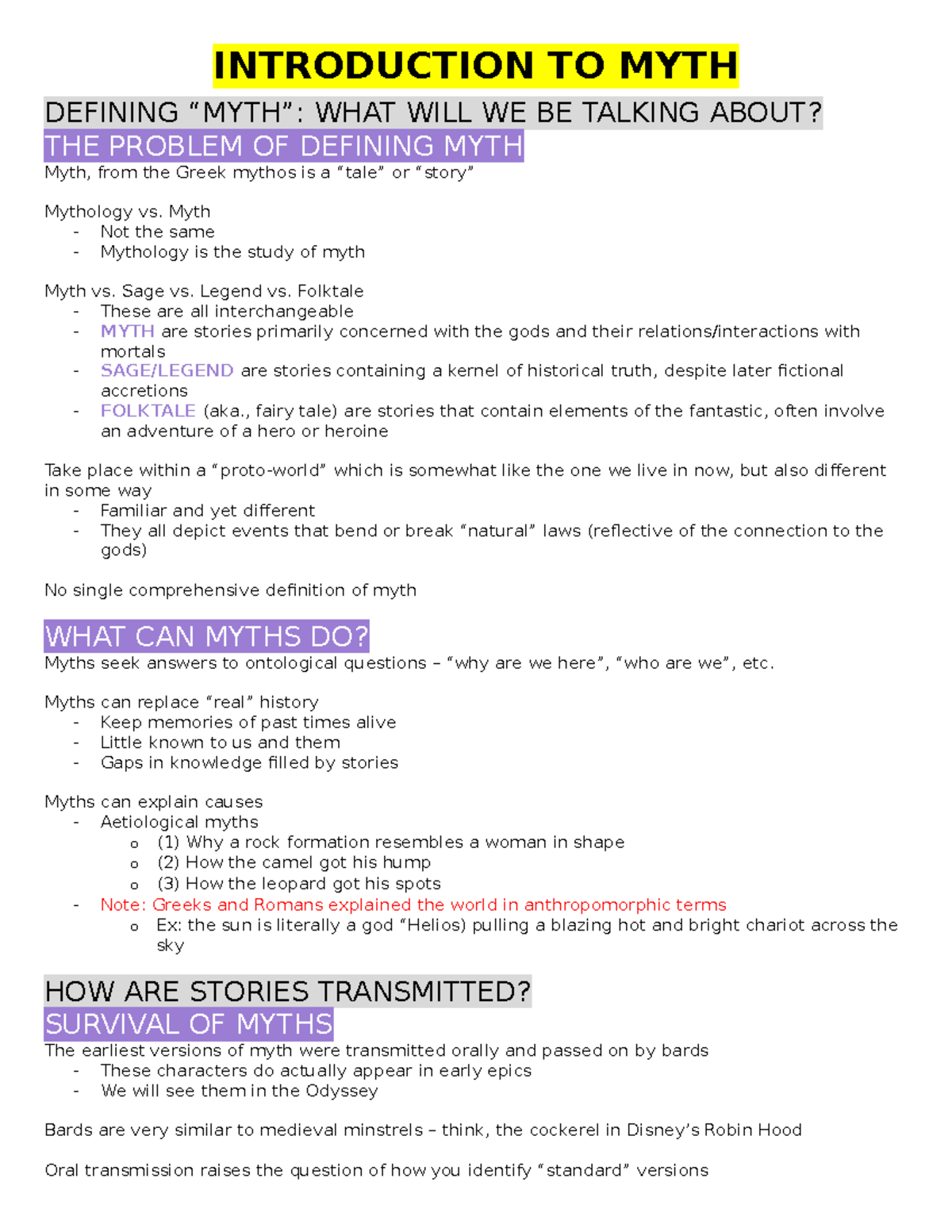 CLAS 2701 - Semester Notes - INTRODUCTION TO MYTH DEFINING “MYTH”: WHAT ...