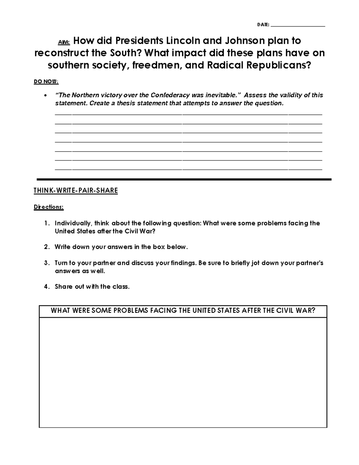 Kami Export - Presidential Reconstruction worksheet - AIM: How did ...