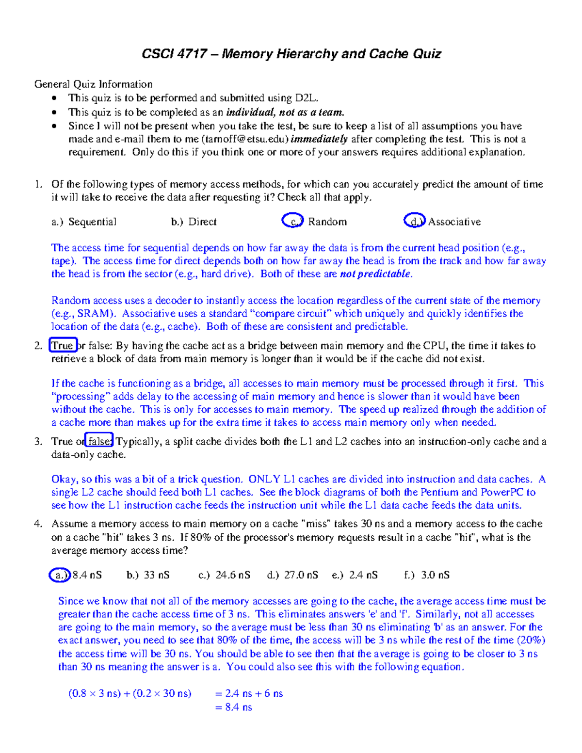 Memory Hierarchy and Cache Quiz Answers - CSCI 4717 – Memory Hierarchy and Cache Quiz General ...