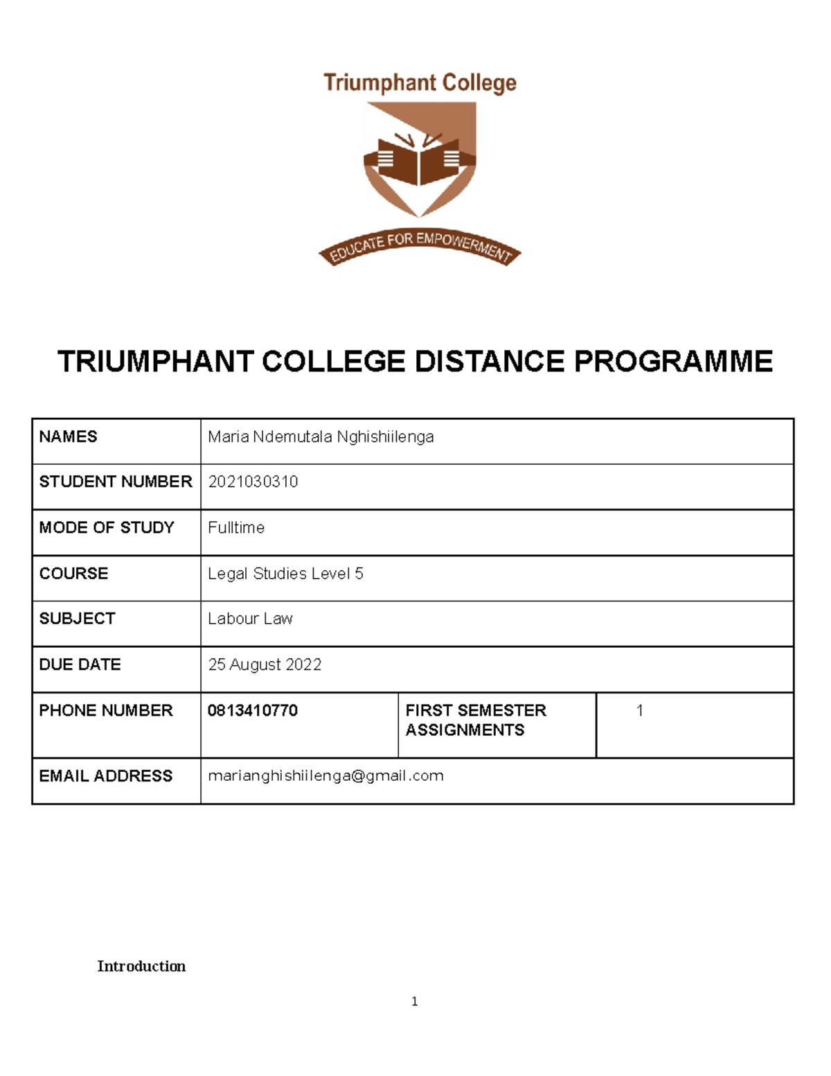 Labour Law - TRIUMPHANT COLLEGE DISTANCE PROGRAMME NAMES Maria ...